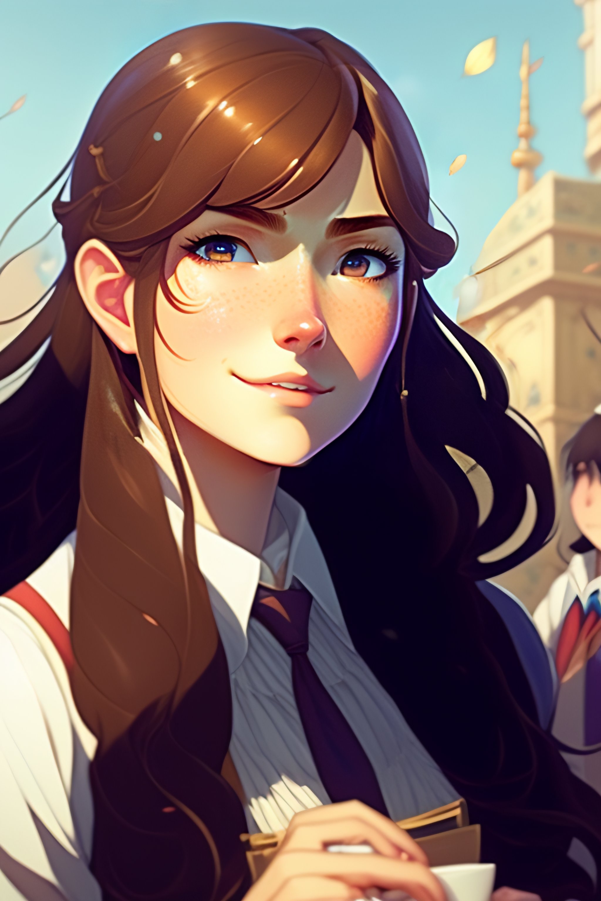 Lexica - Reporter reading half-elf serious frown freckles brunette ...