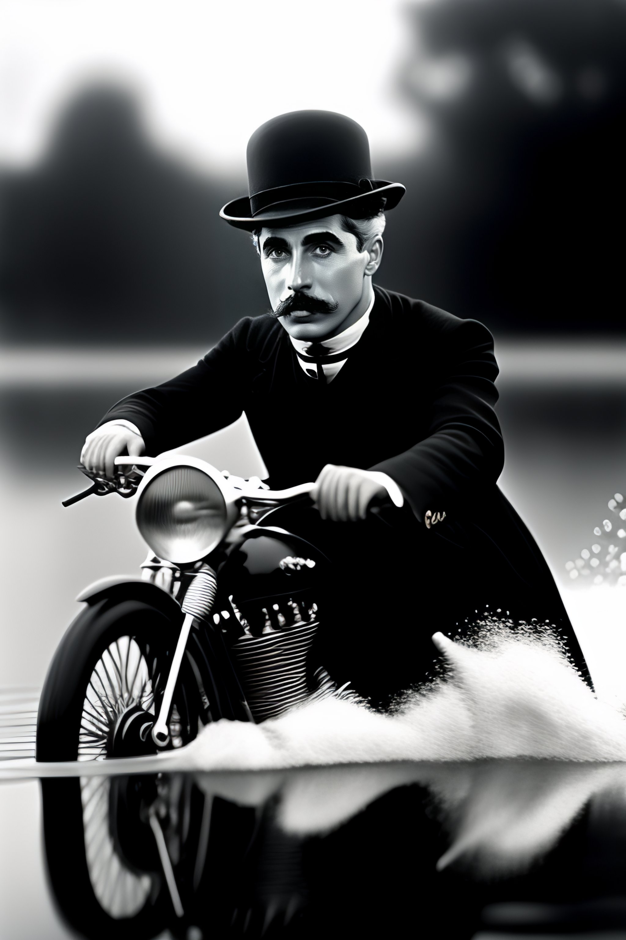 Lexica - Charlie Chaplin driving a motorbike on a water surface while ...