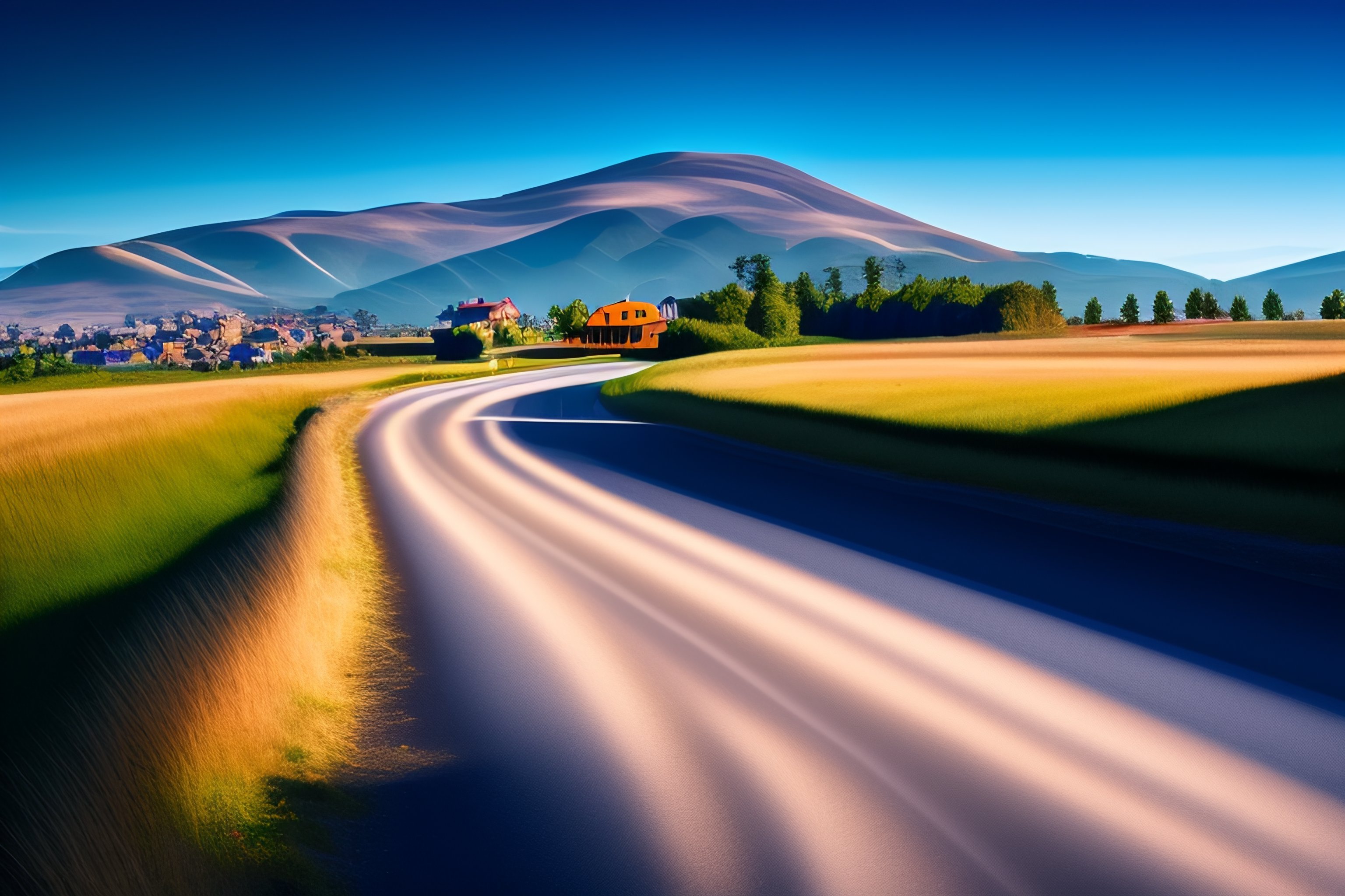Lexica - Landshape with very linear road and little town in background