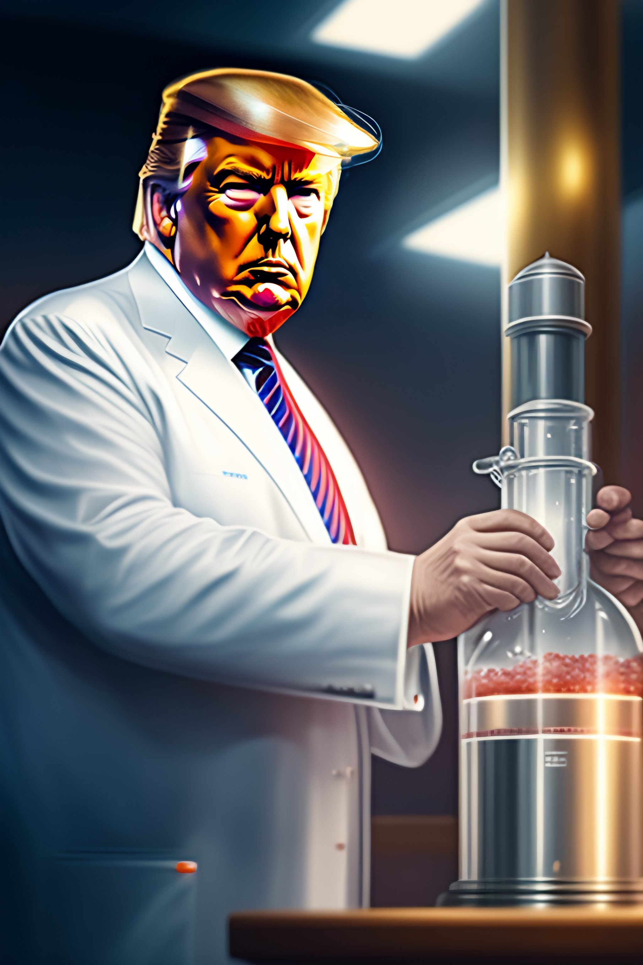Lexica - Donald Trump holds a ehrlenmeyer flask at eye level, wearing a ...