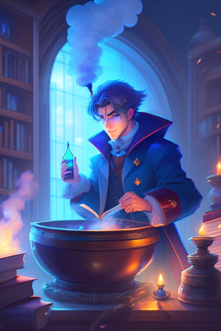 Lexica - A handsome guy brews a potion in a large cauldron, smoke ...