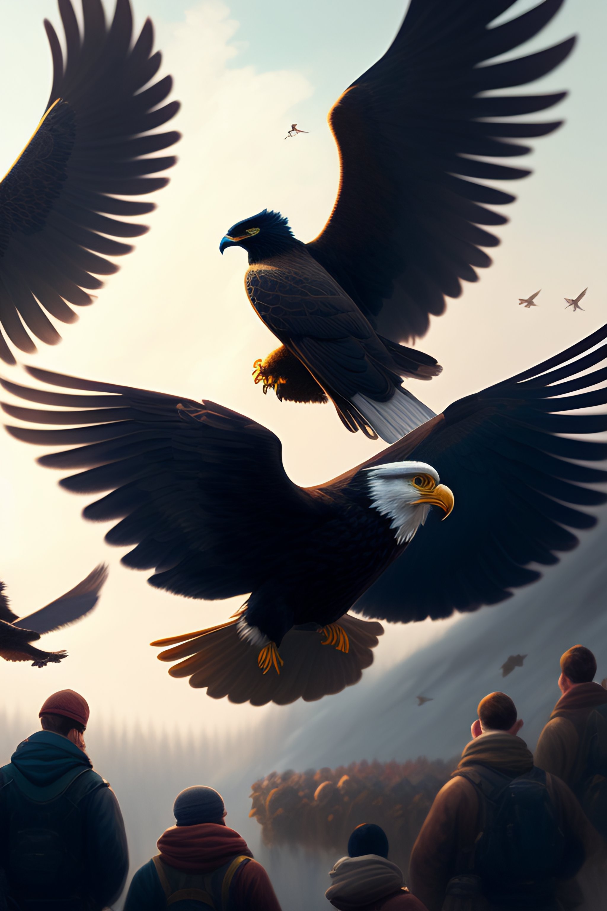 Lexica - A kid getting dragged into the air by a group of eagles, fantasy, intricate, elegant ...