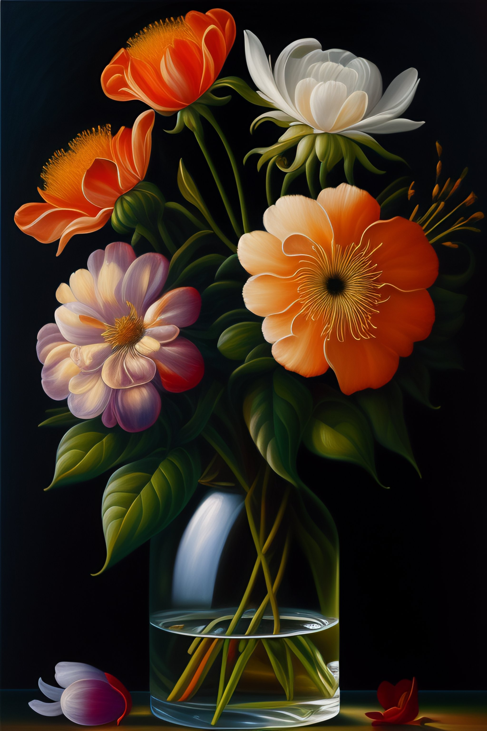 Lexica - Oil painting of many various flowers on a dark background ...