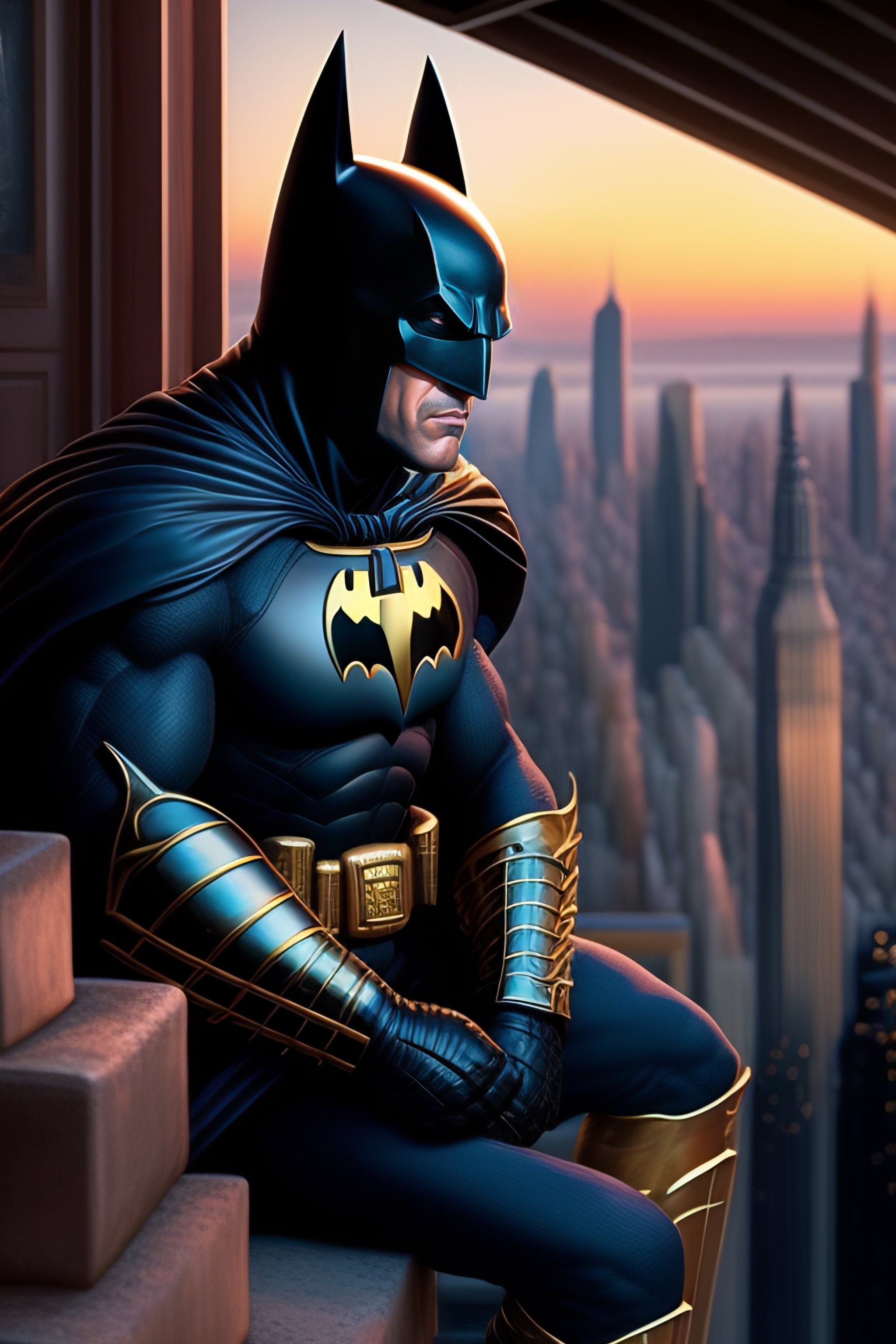 Lexica - Tom hanks batman sitting on a roof looking down at a city ...