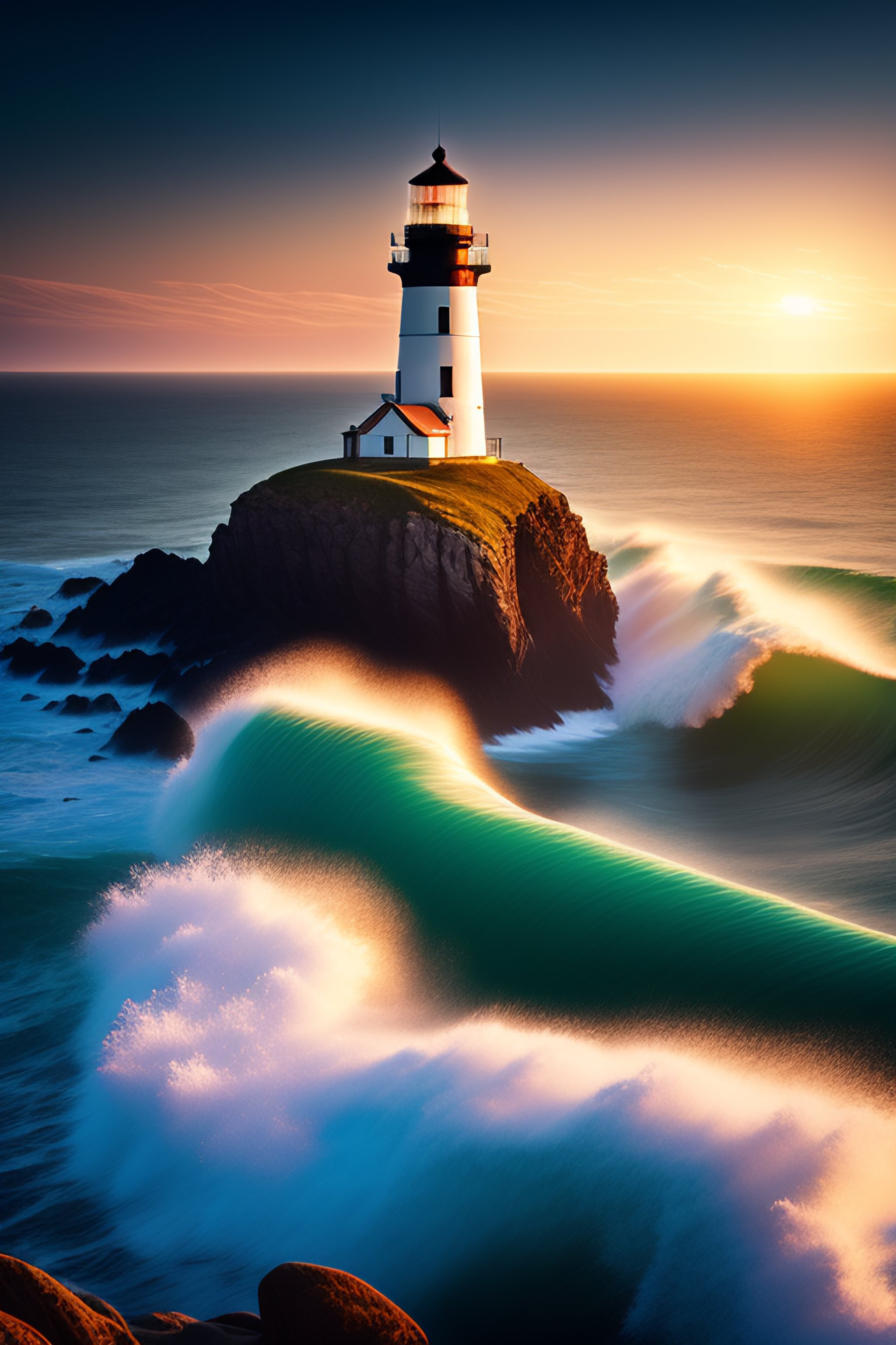 Lexica - A lighthouse in the middle of the sea, with wild sea hitting ...