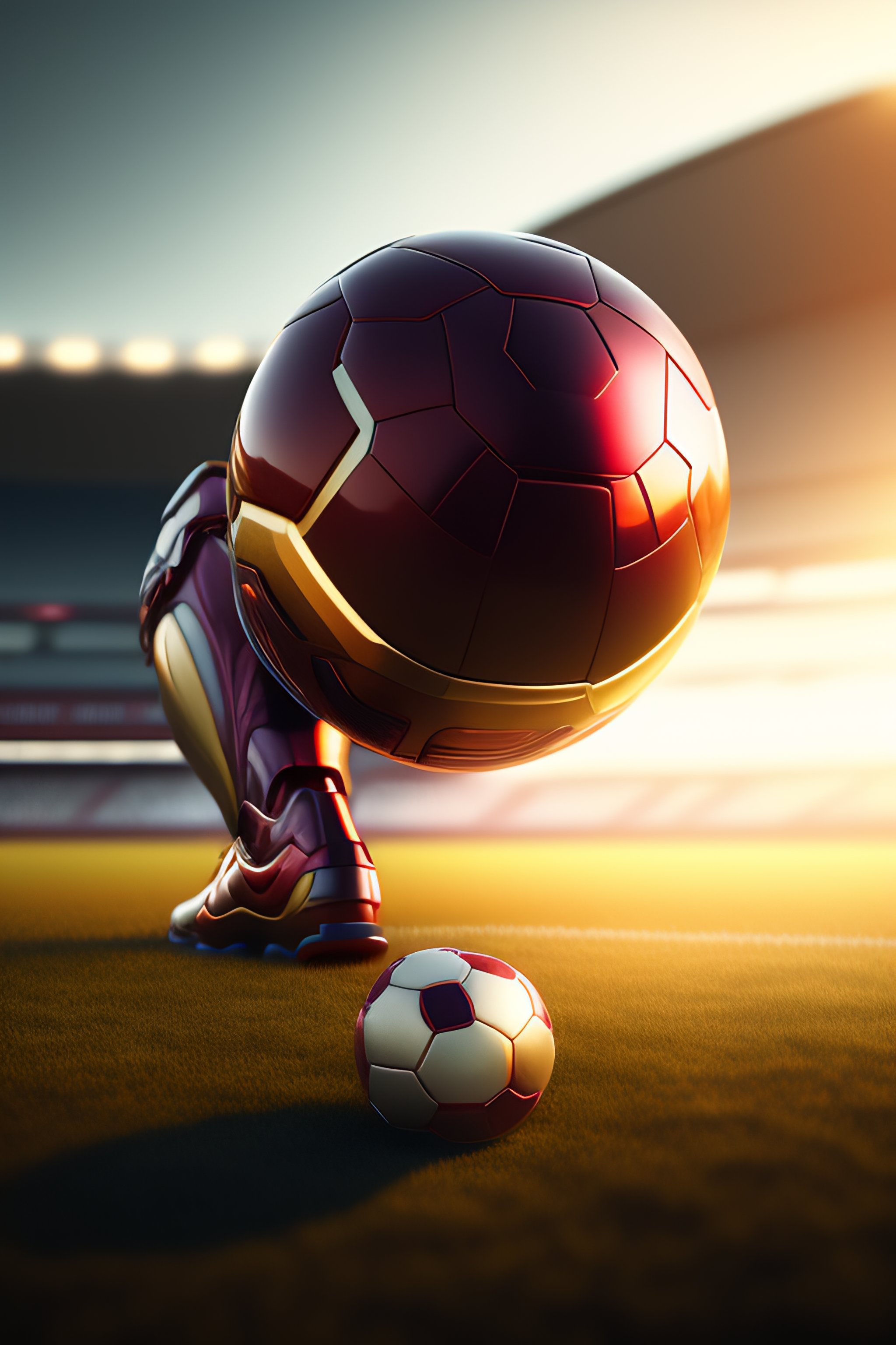 Lexica - Iron man, foot on a soccer ball, grass, stadium, lights, soft ...