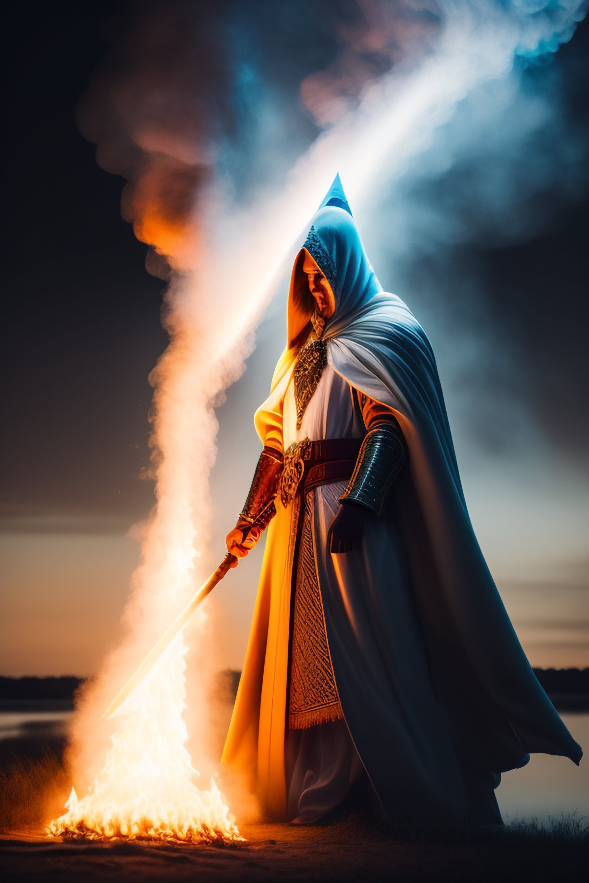 Lexica - Wizard with white robe and sword fire near river