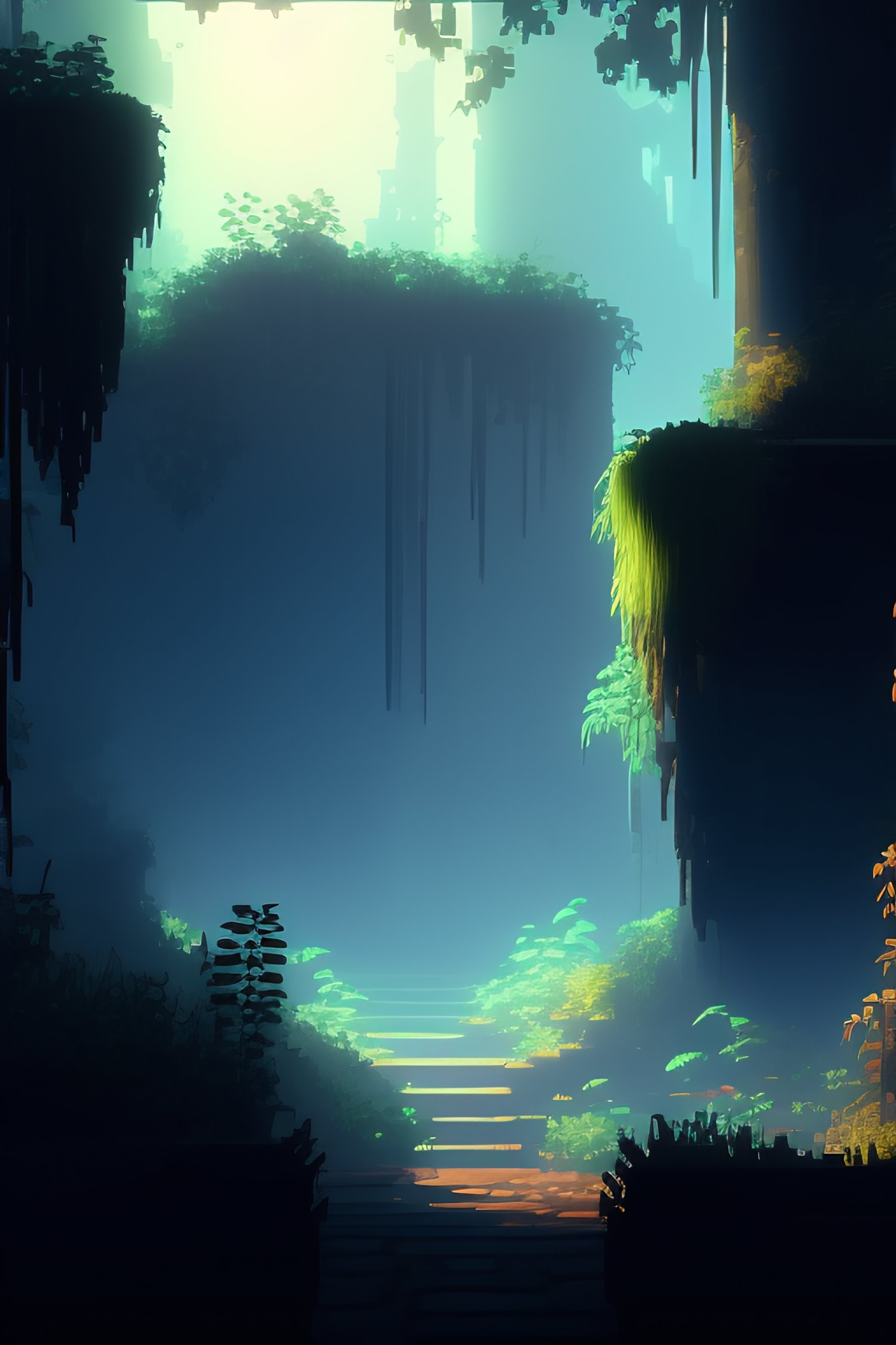 Lexica - Dark pixelated dungeon with sunlight and plants, cobwebs , spooky