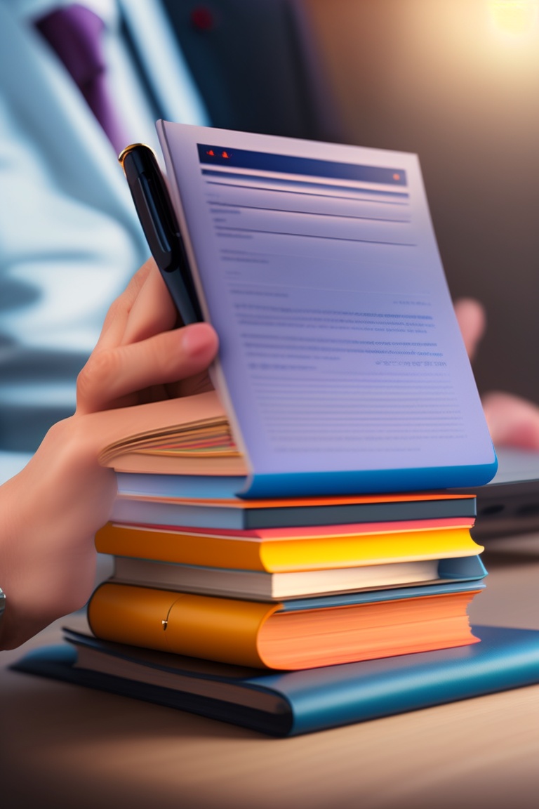 Lexica - A hand holding a stack of documents with a pen signing the top paper, a laptop open ...