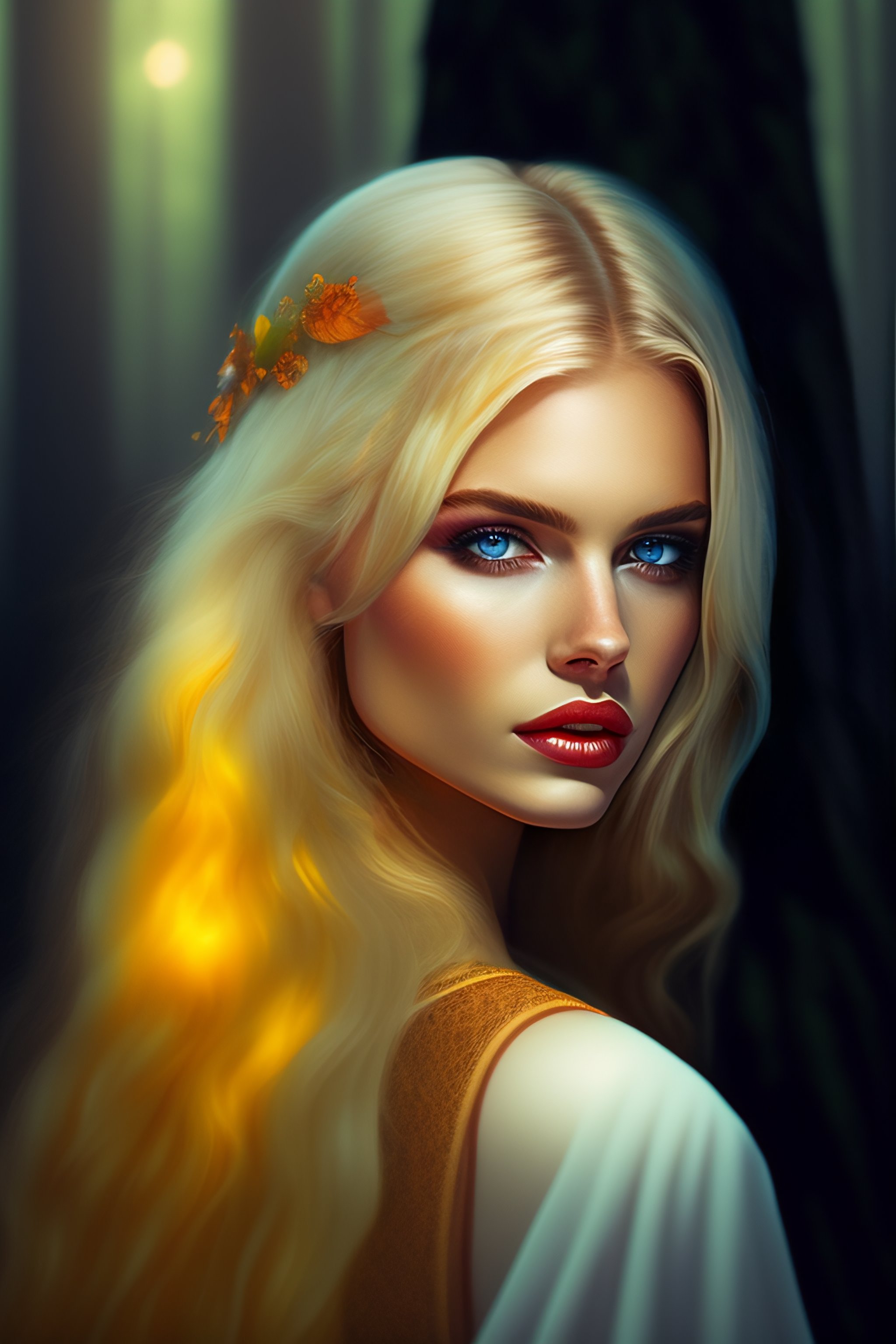 Lexica - Realistic glass blood blonde girl light dark forest madness