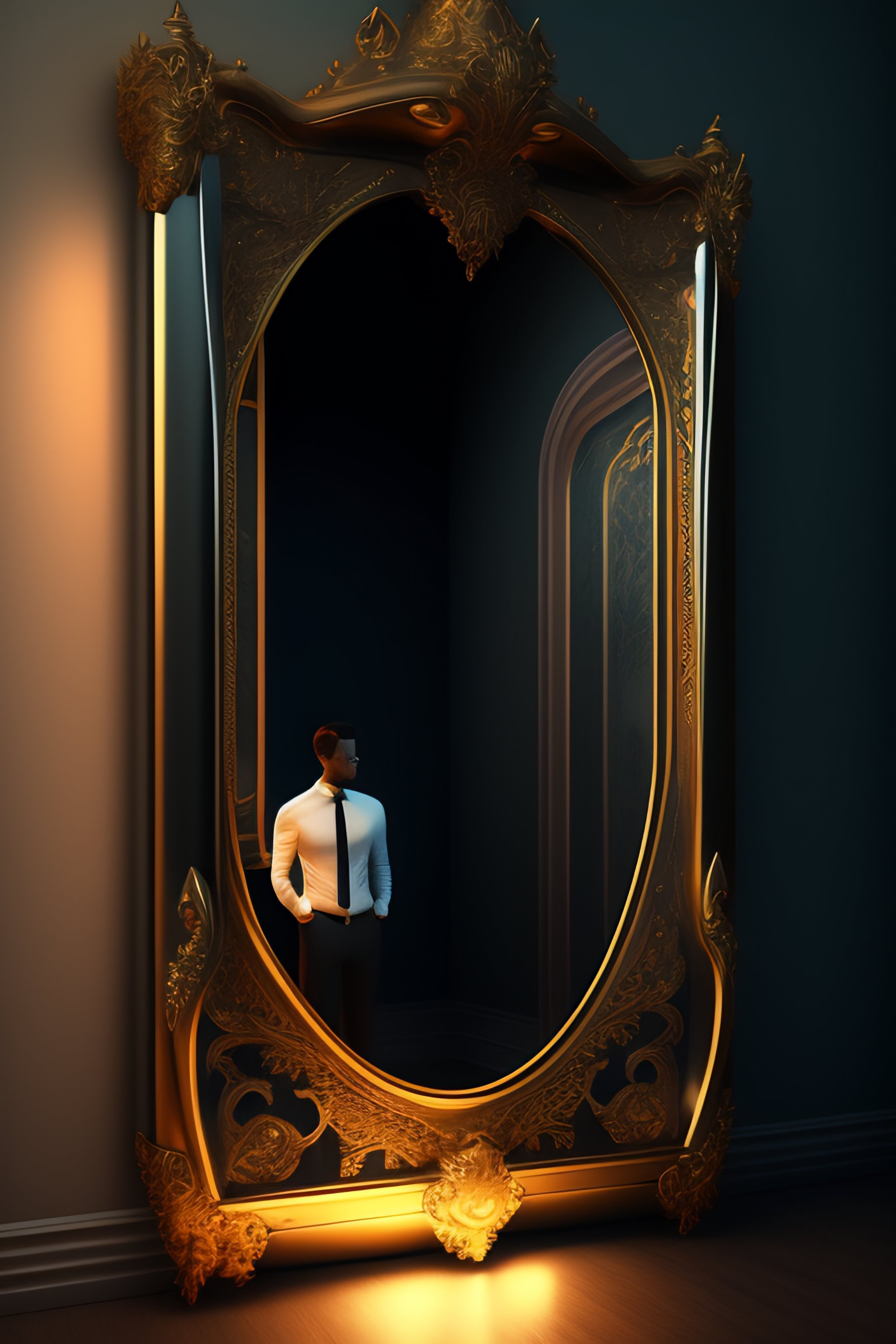 Lexica - A handsome man gazes into an ornate mirror and sees a horrific ...