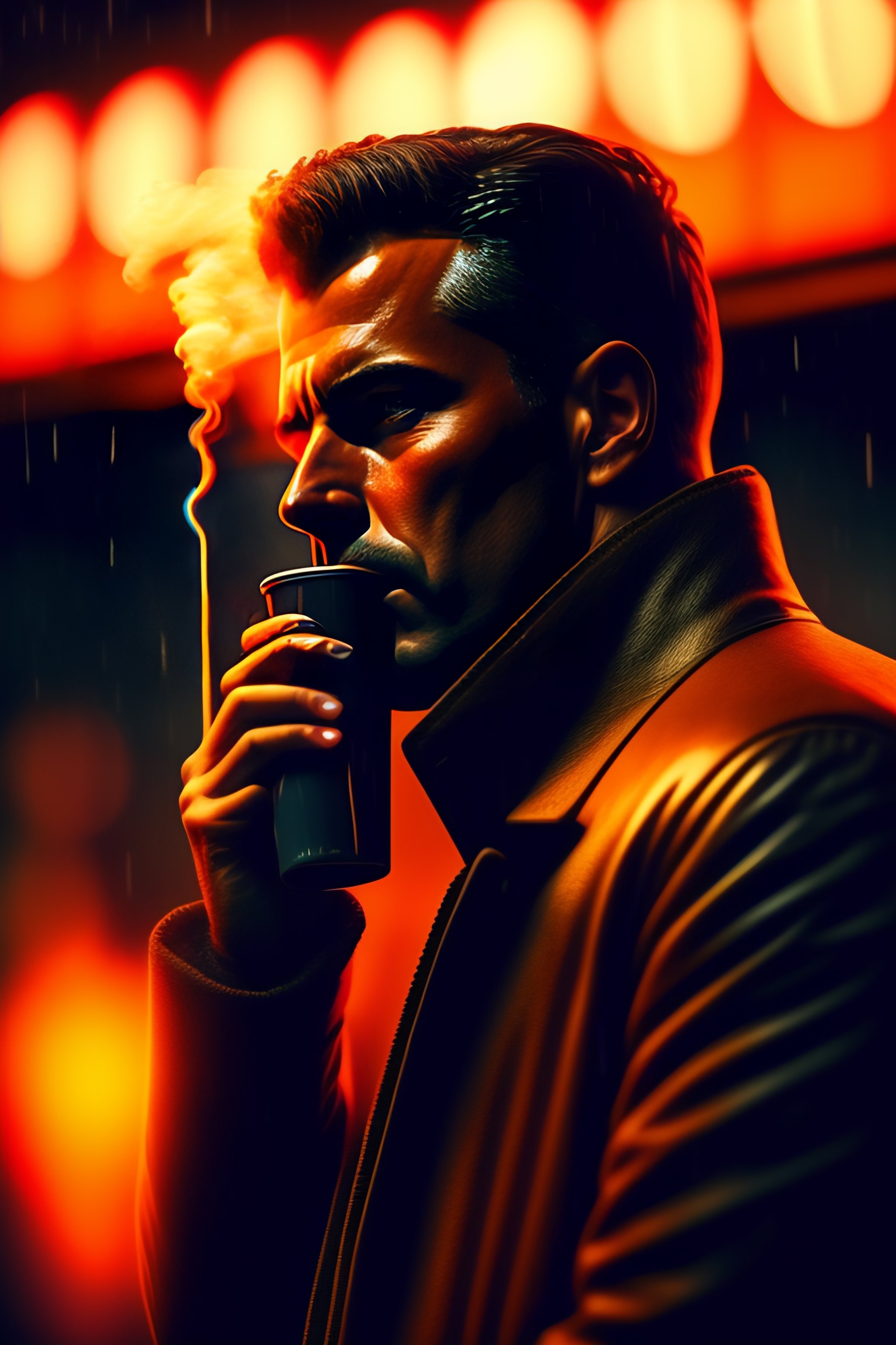 Lexica - A film shot of a detective smoking while drinking his coffee ...