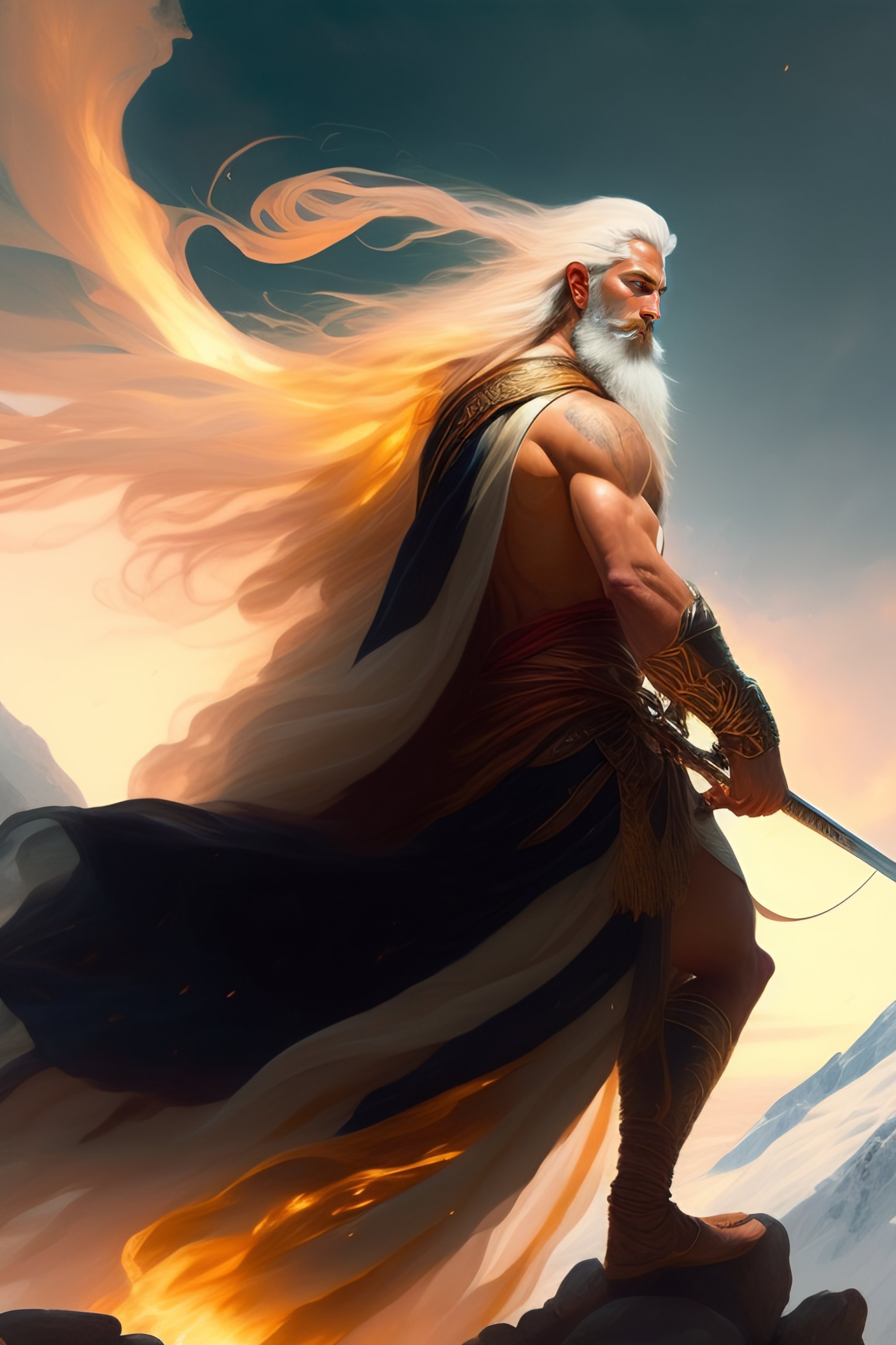 Lexica - Long flowing White hair and beard rugged Zeus standing atop a ...