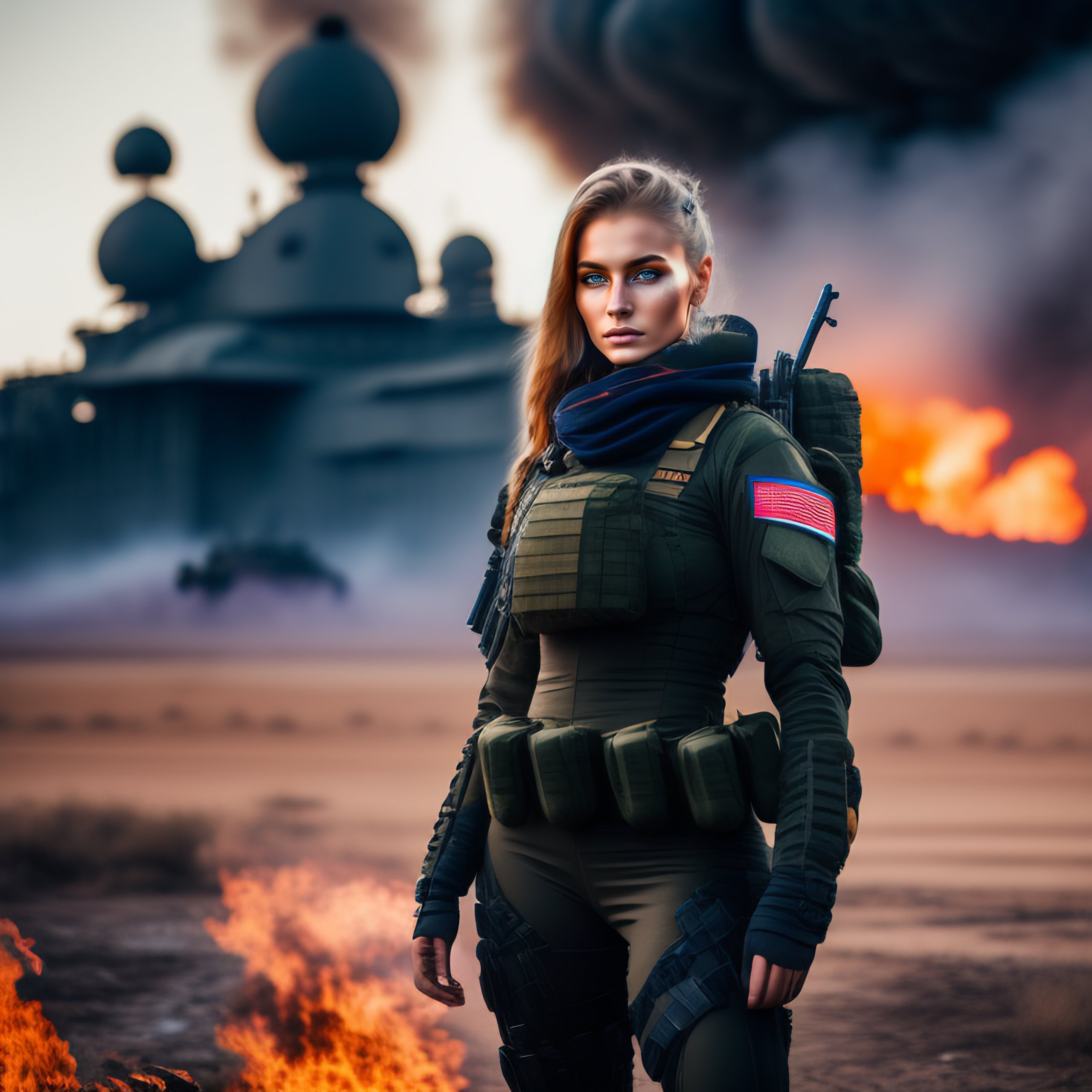 Lexica - A cyber beautiful Russian Moscow girl warrior in a burnt land ...