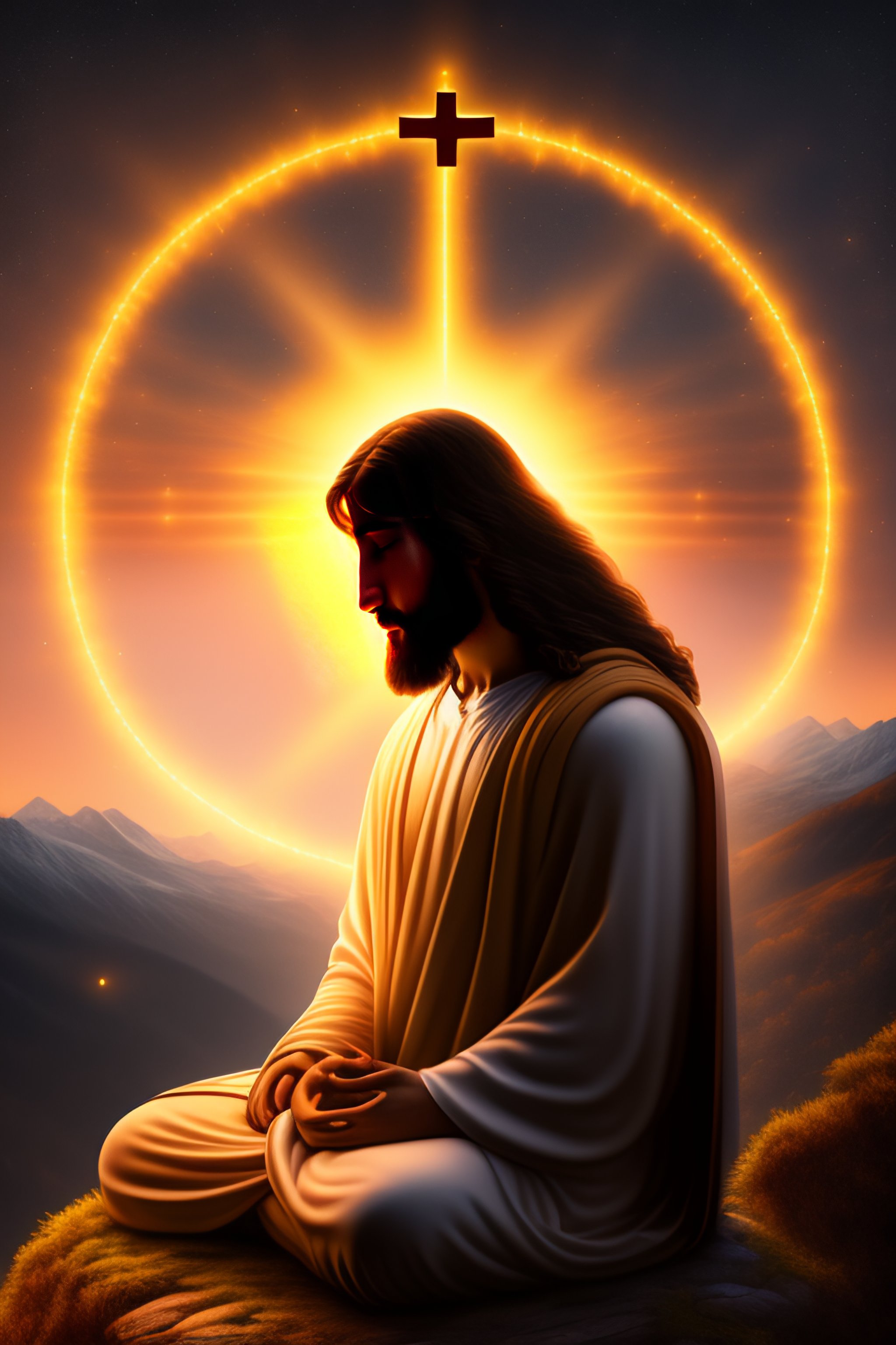 Lexica - Jesus sits cross-legged on a cushion, his eyes closed in ...