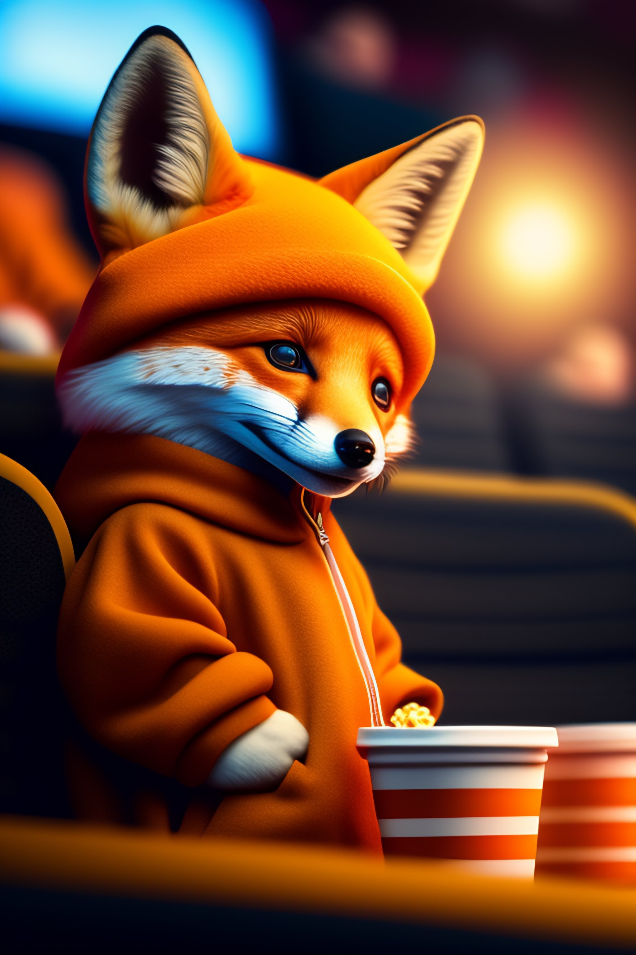 Lexica - Cute small humanoid baby fox sitting in a movie theater eating ...