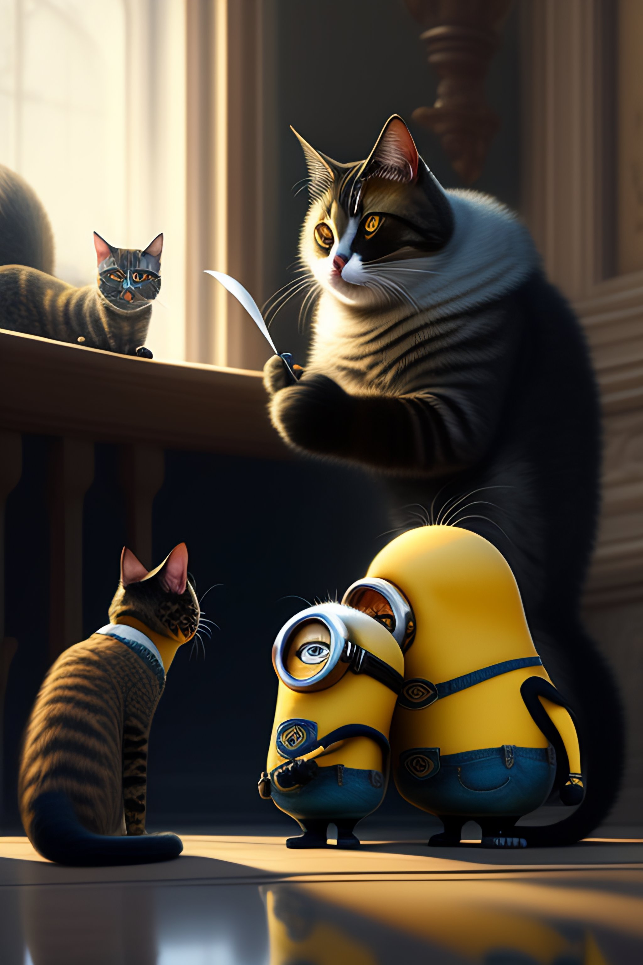 Lexica - Minions playing with Gru by greg rutkowski, with cats