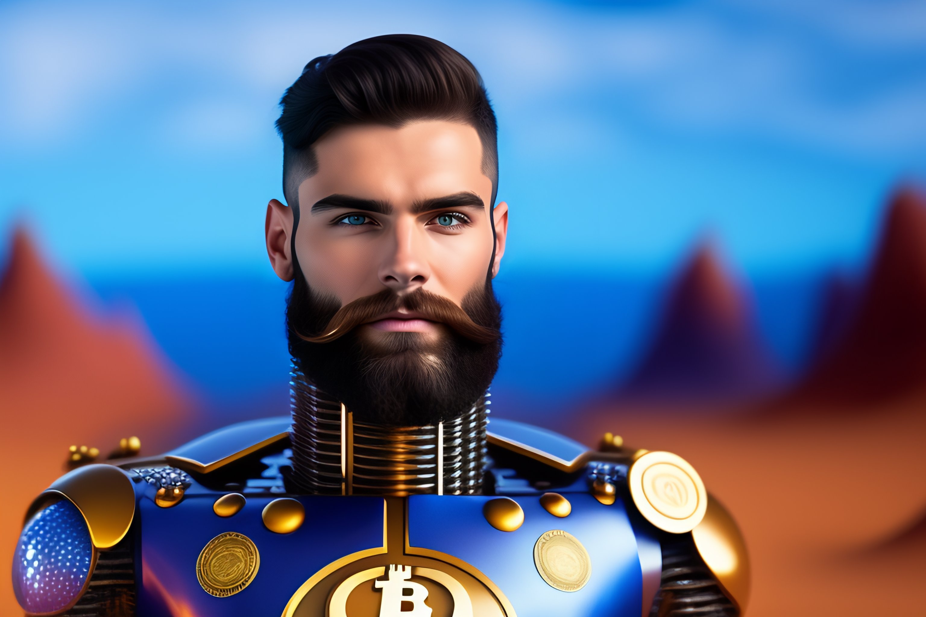 Lexica - Portait of a robot man with short beard and blue background ...