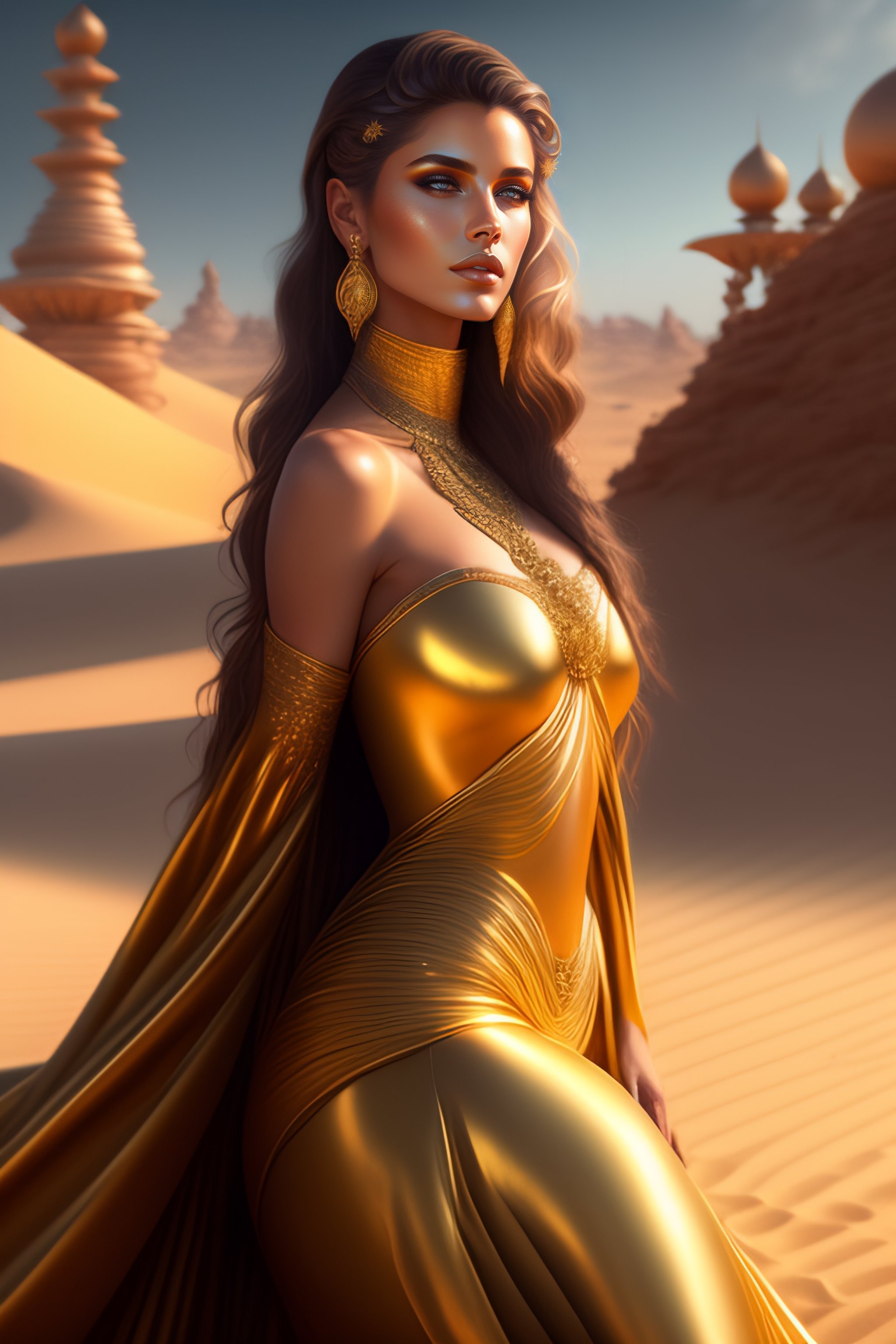 Lexica - A beautiful cinematic female sand goddess, golden dress, glow ...