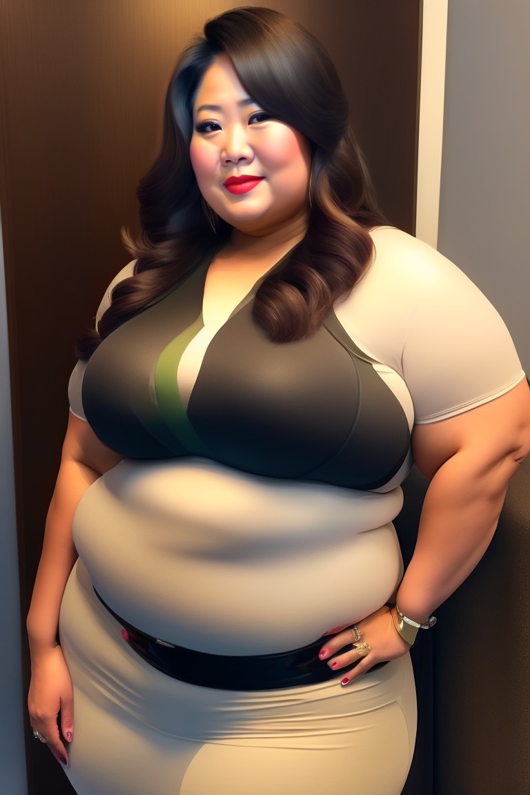 Lexica - Thick Asian woman, wide hips, huge 38DDD, office setting, choker