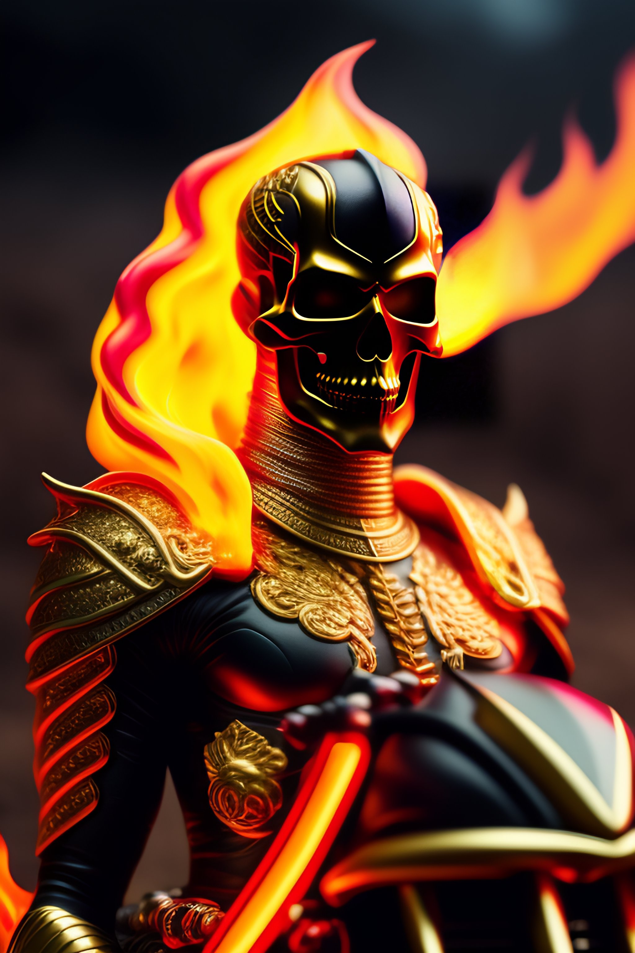 Lexica - An ghost rider filled with gold and fire armour and wearing ...