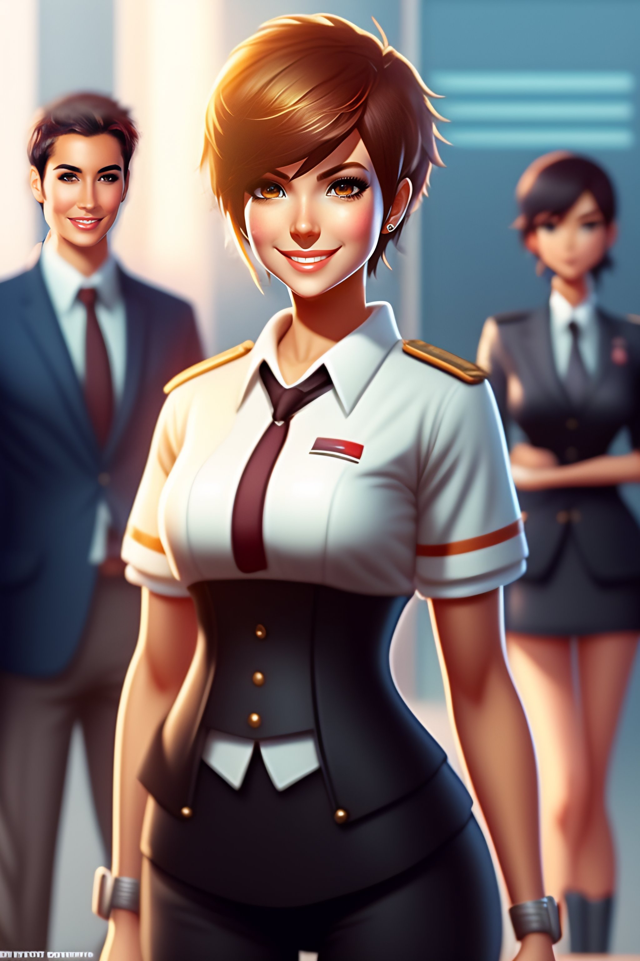 Lexica - Tomboy, pixie cut, taned, smile, office lady, anime