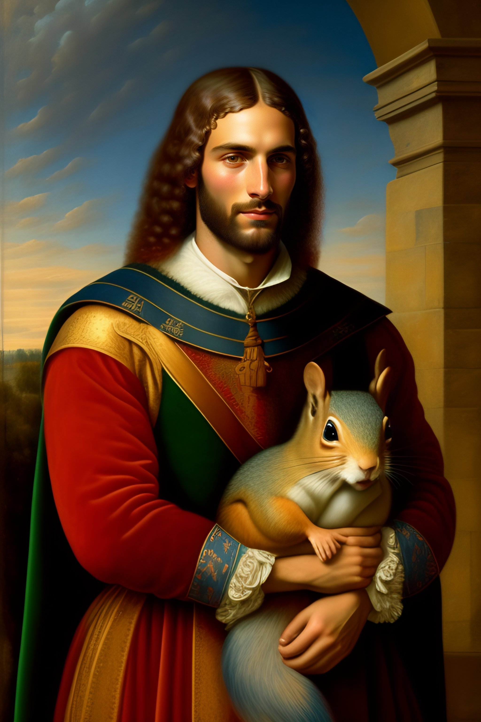 Lexica - Jacob Collins-Levy in medieval style whith squirrel in his arms