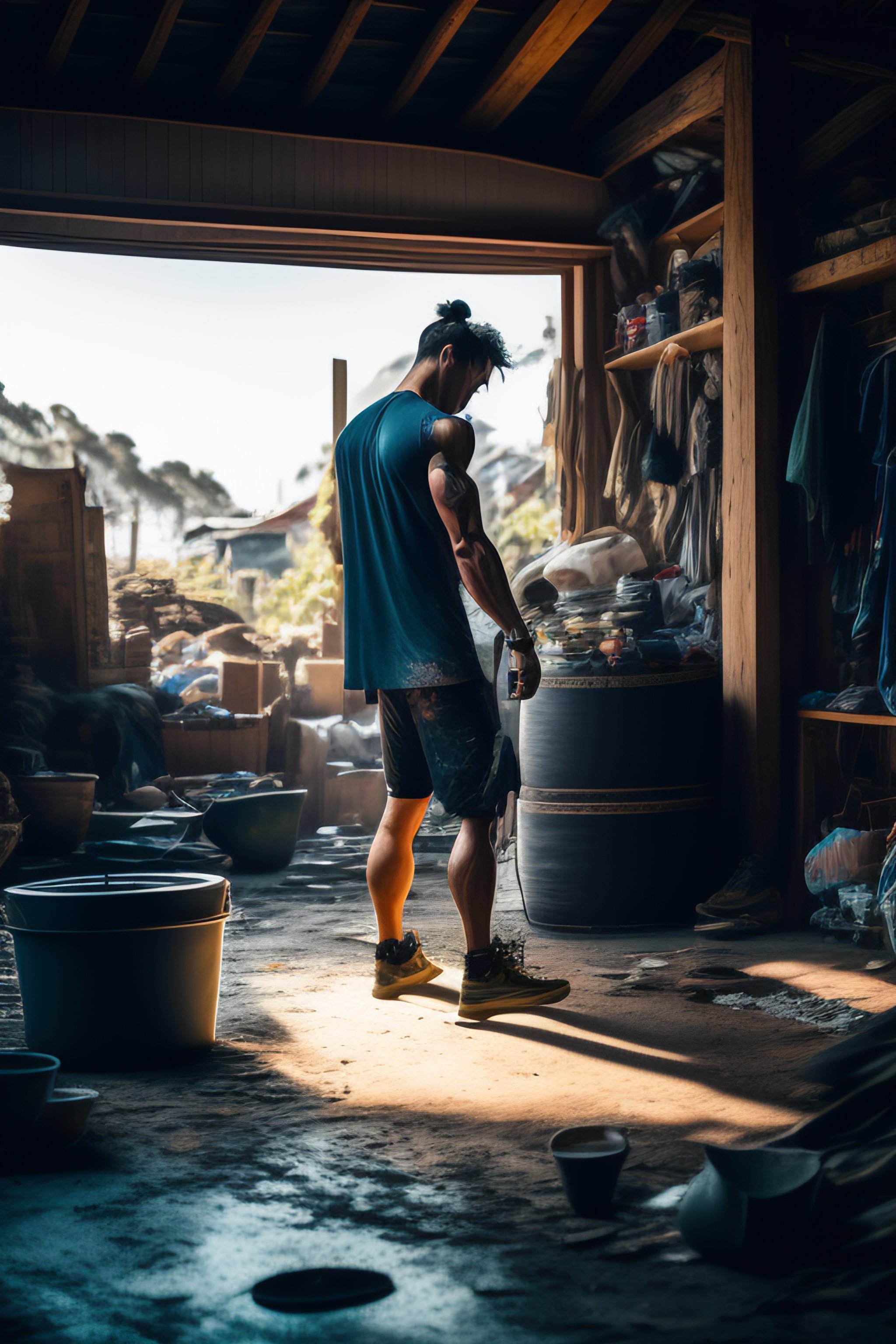Lexica - Wide angle Environmental shot of Ninja warrior in a cluttered ...