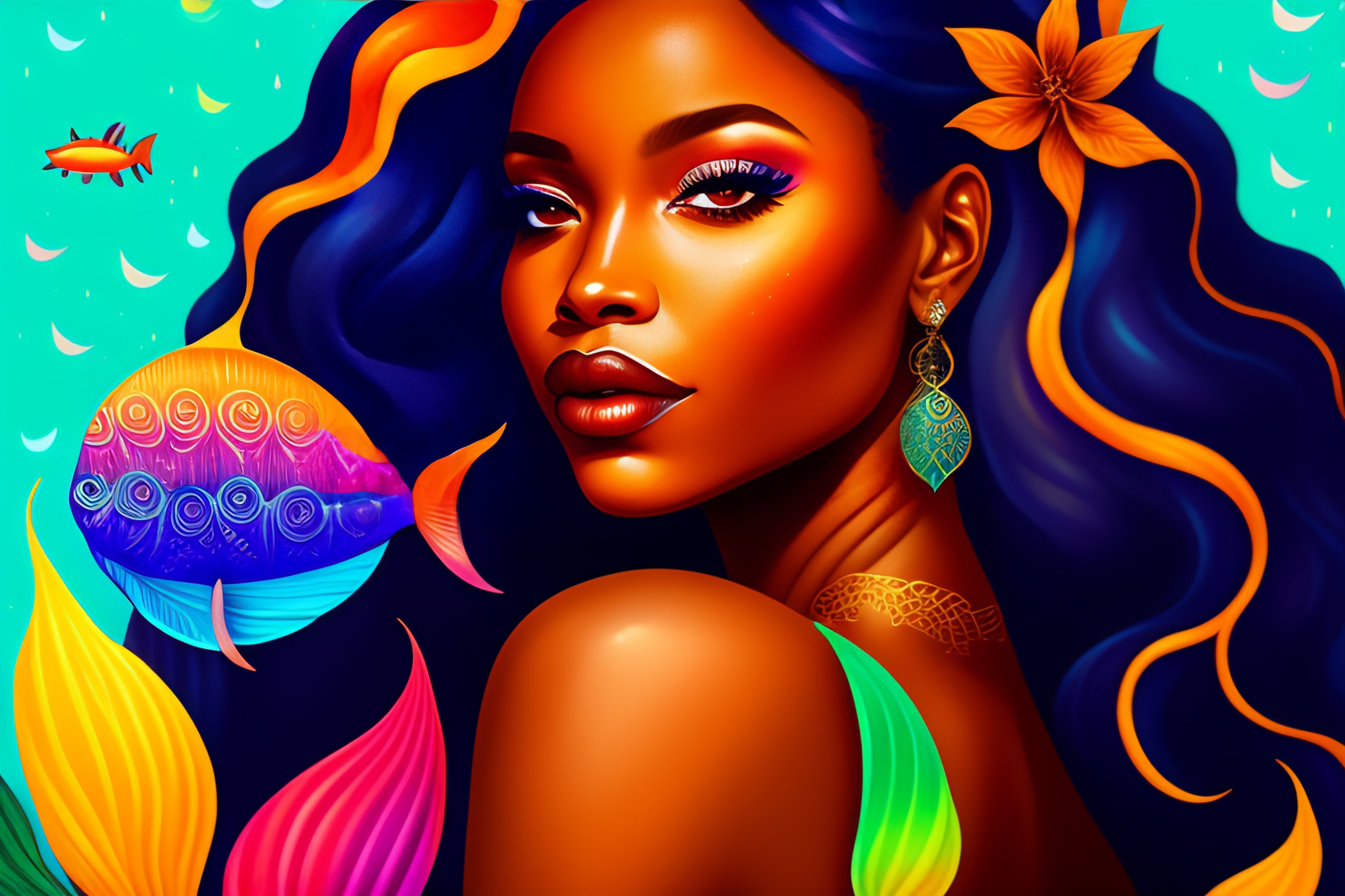 Lexica - A realistic mermaid sitting on a leaf, portrait of black ...