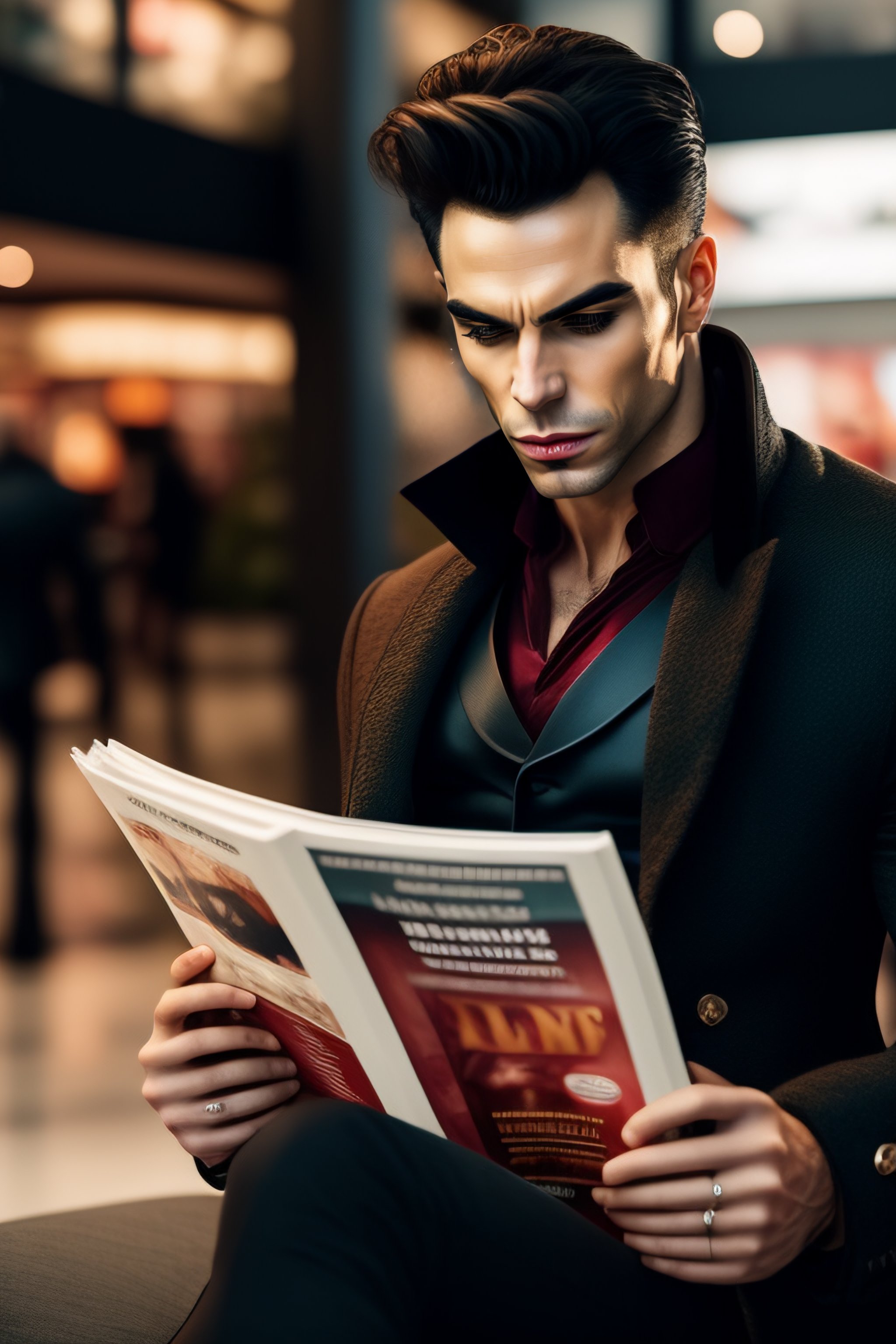 Lexica - A male vampire reading a magazine in a mall