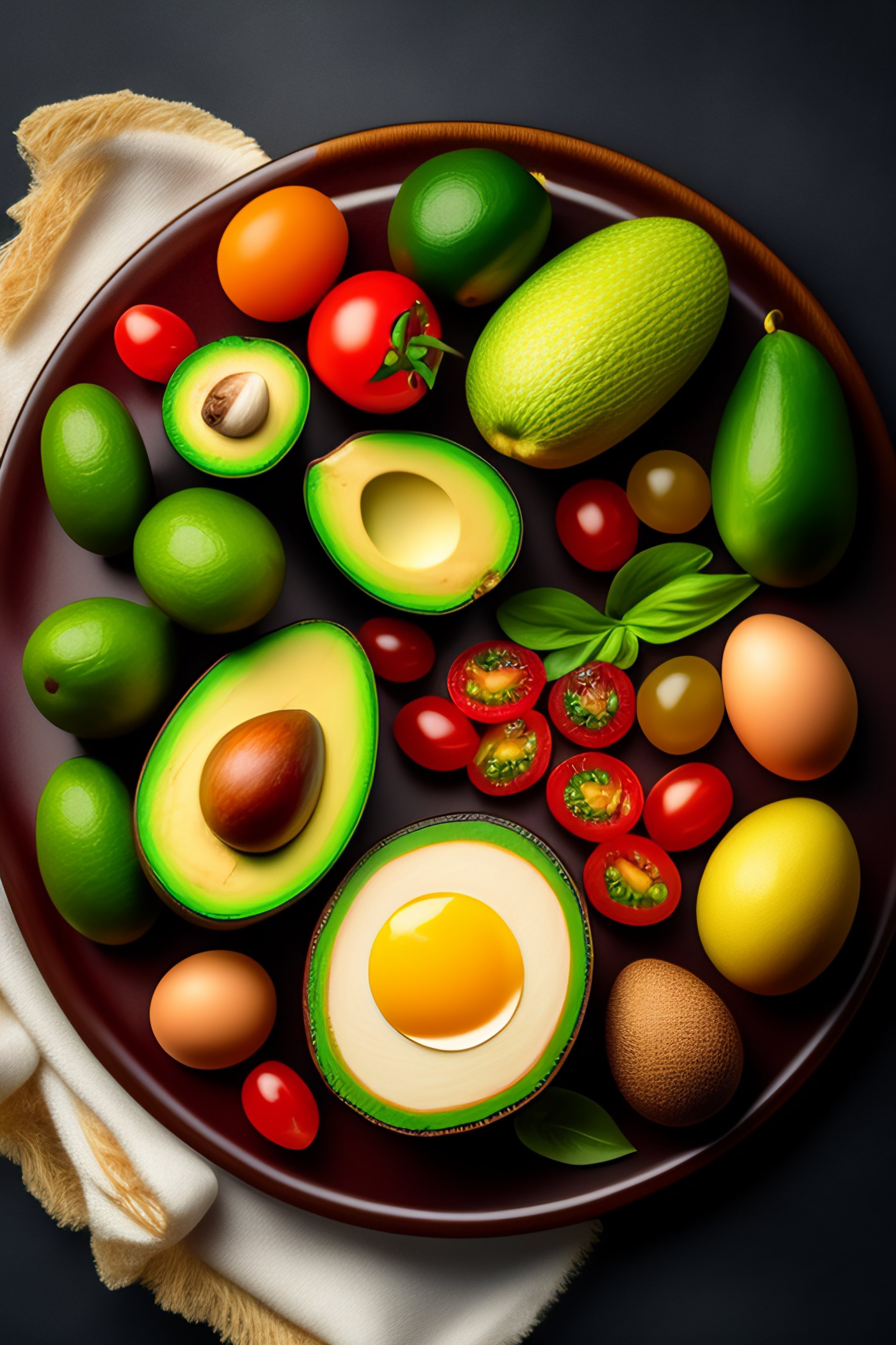 Lexica - Very healthy food plate with avocados, tomatoes, eggs and ...