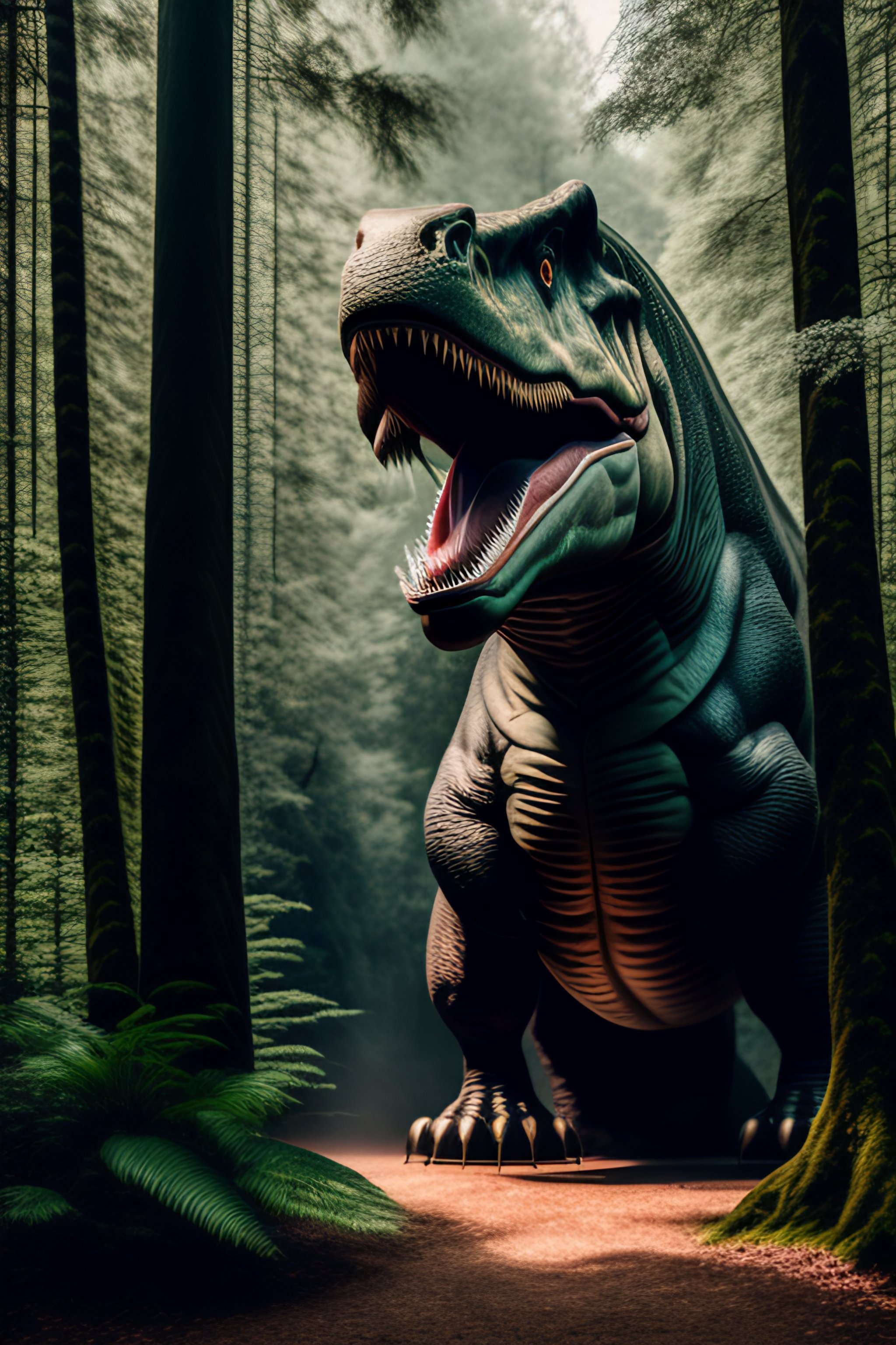 Lexica - Hyper realistic vintage photograph of a real trex in a forest ...