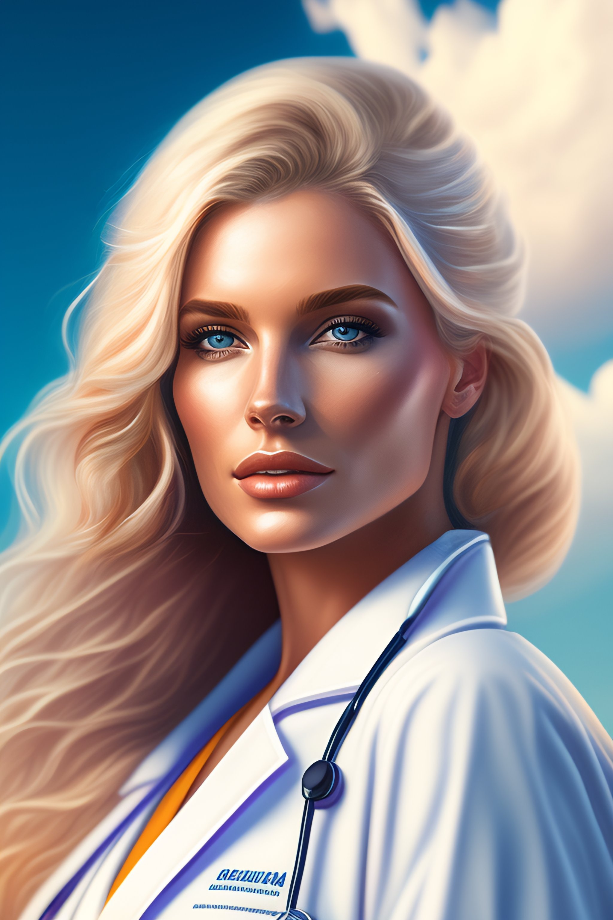 Lexica - Portrait of a white woman blonde wearing doctors coat ...