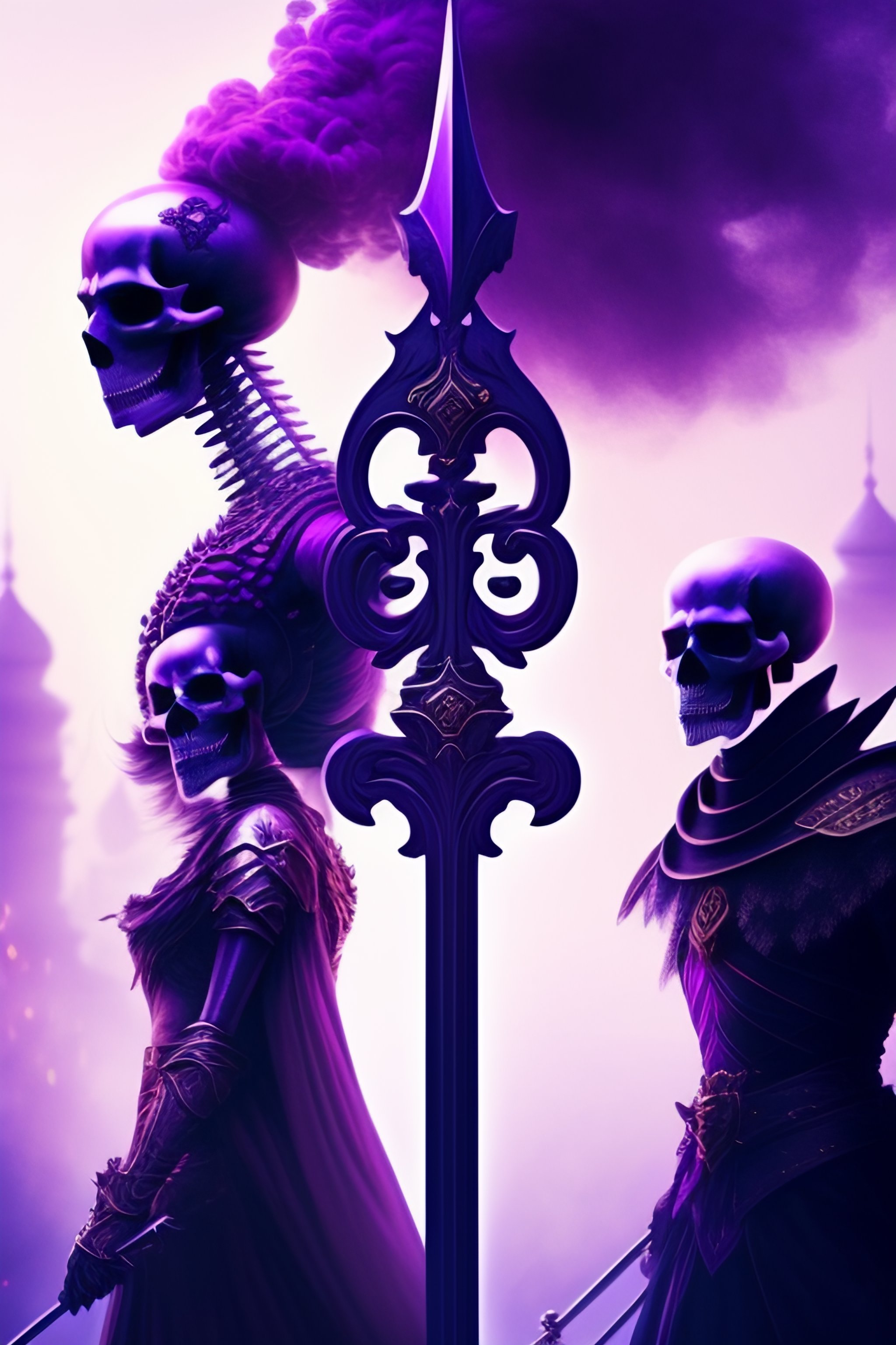 Lexica - Horror. 3 skeletons with long swords. purple mist in ...
