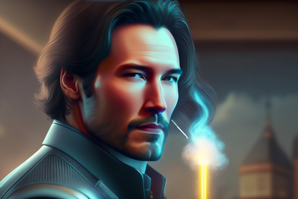 Lexica - Keanu Reeves lights a cigarette standing up, glaring at the camera