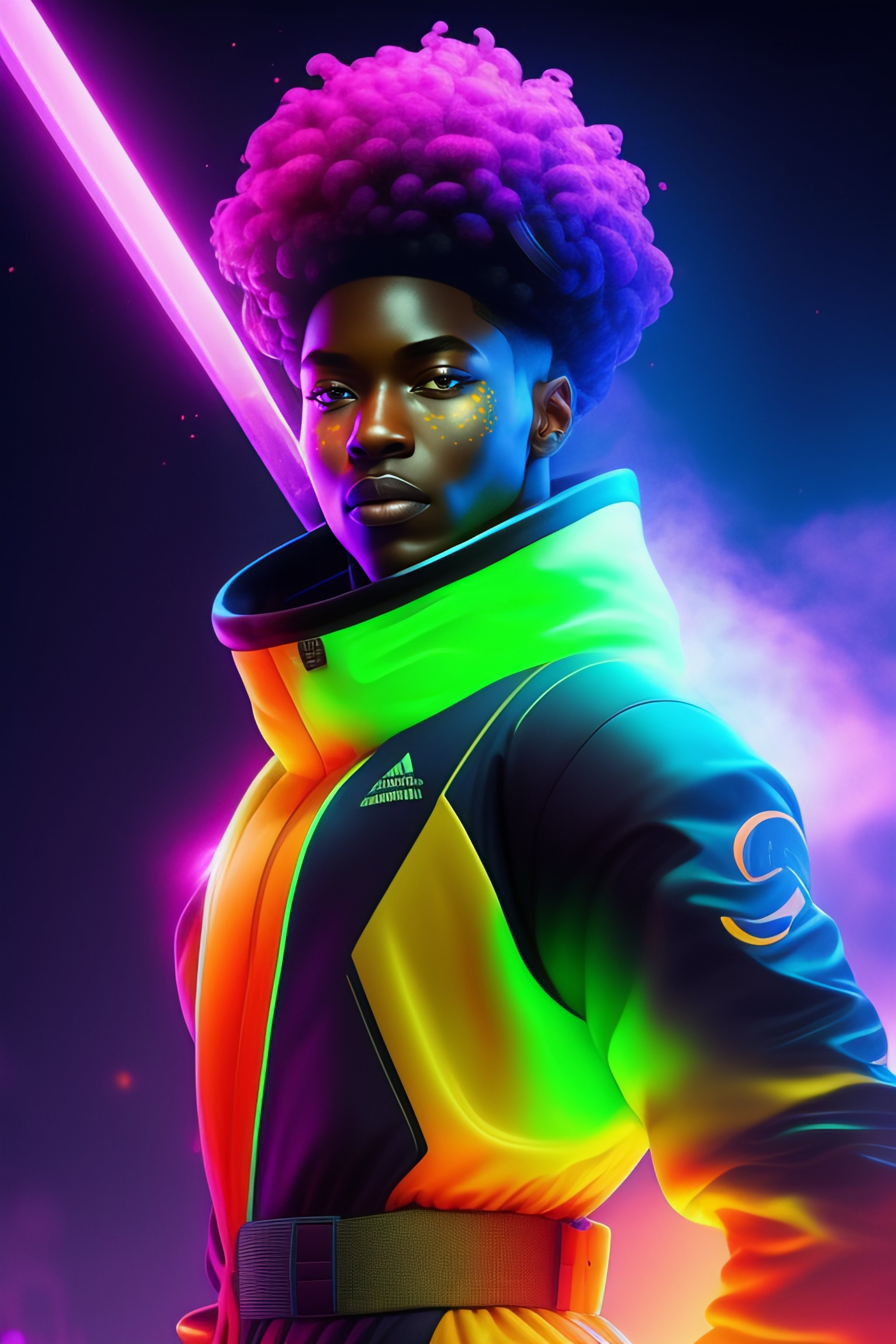 Lexica - GENO de fortnite futuriste avec une épée dans la main rouge fluo