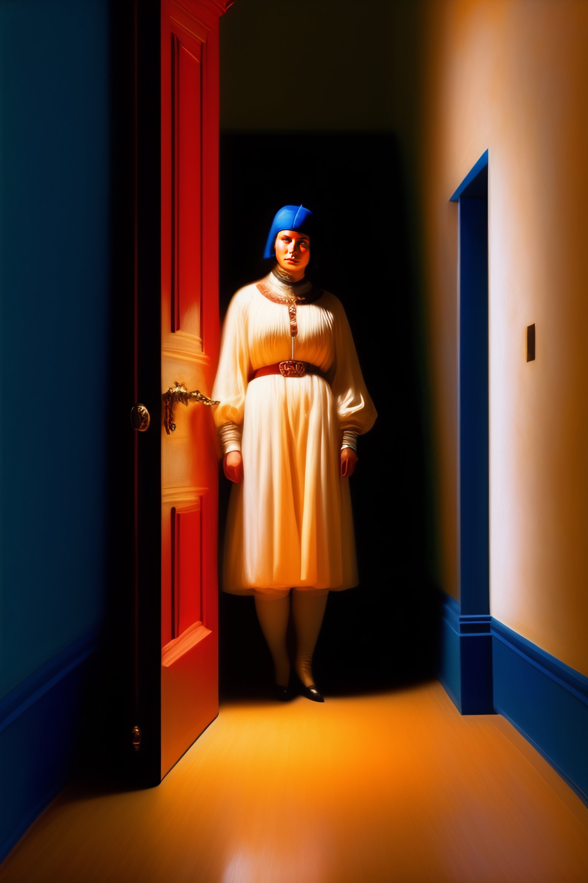 Lexica - An ivory golden demon in a blue and red haunted liminal ...