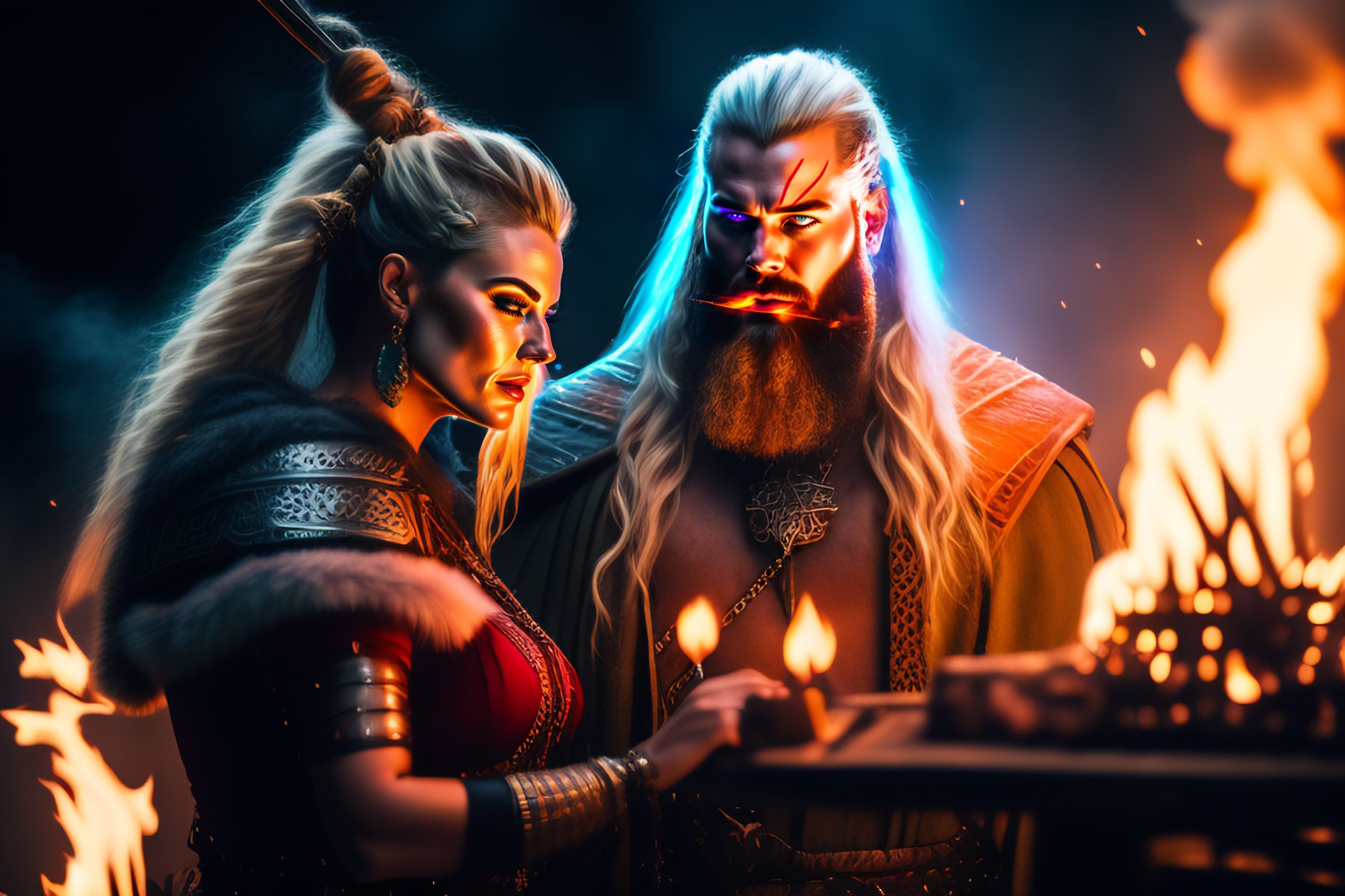 Lexica - A Cyberpunk viking man and a cyberpunk viking woman chanting ...