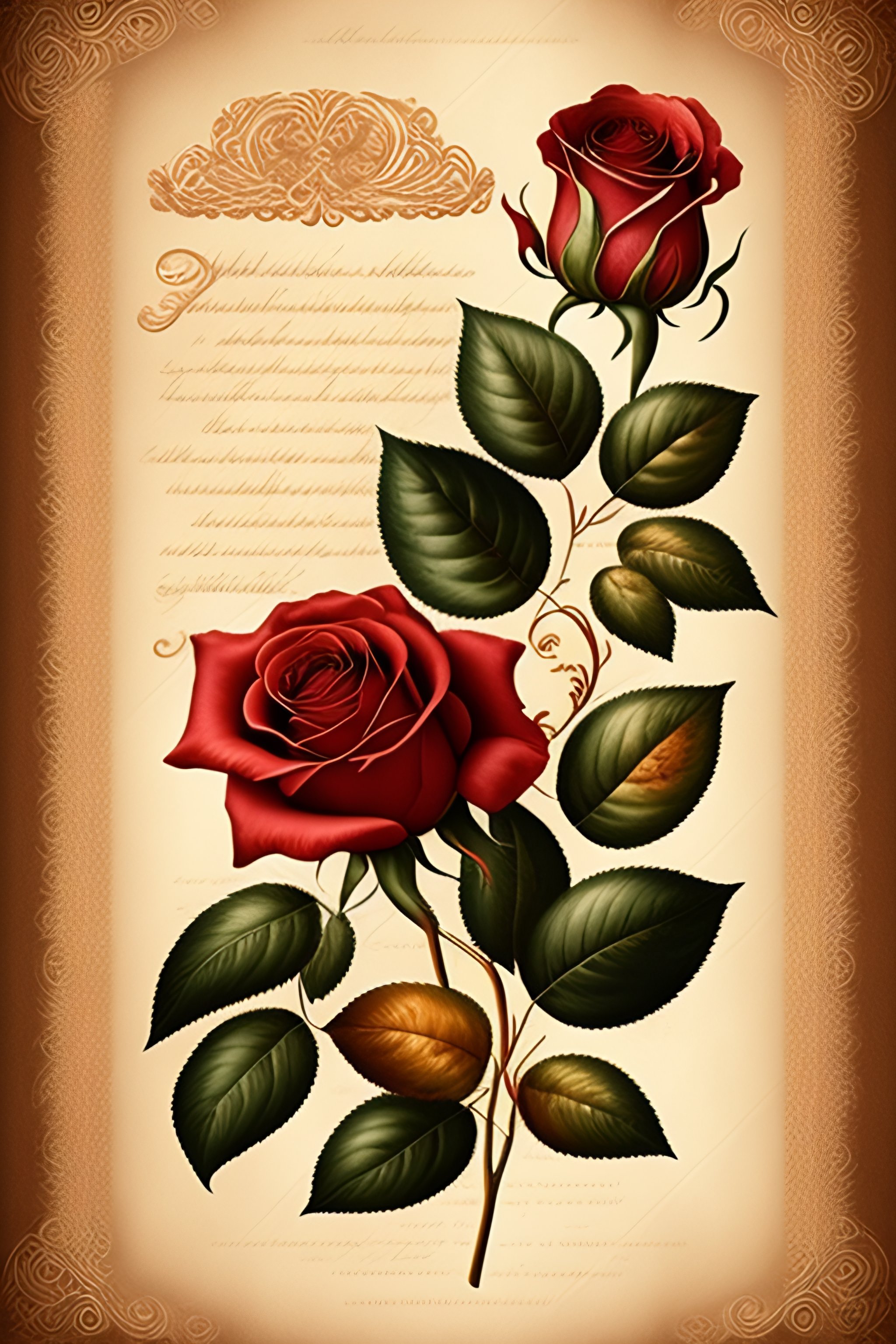 Lexica - Old parchment paper high quality with watermark dark roses and ...