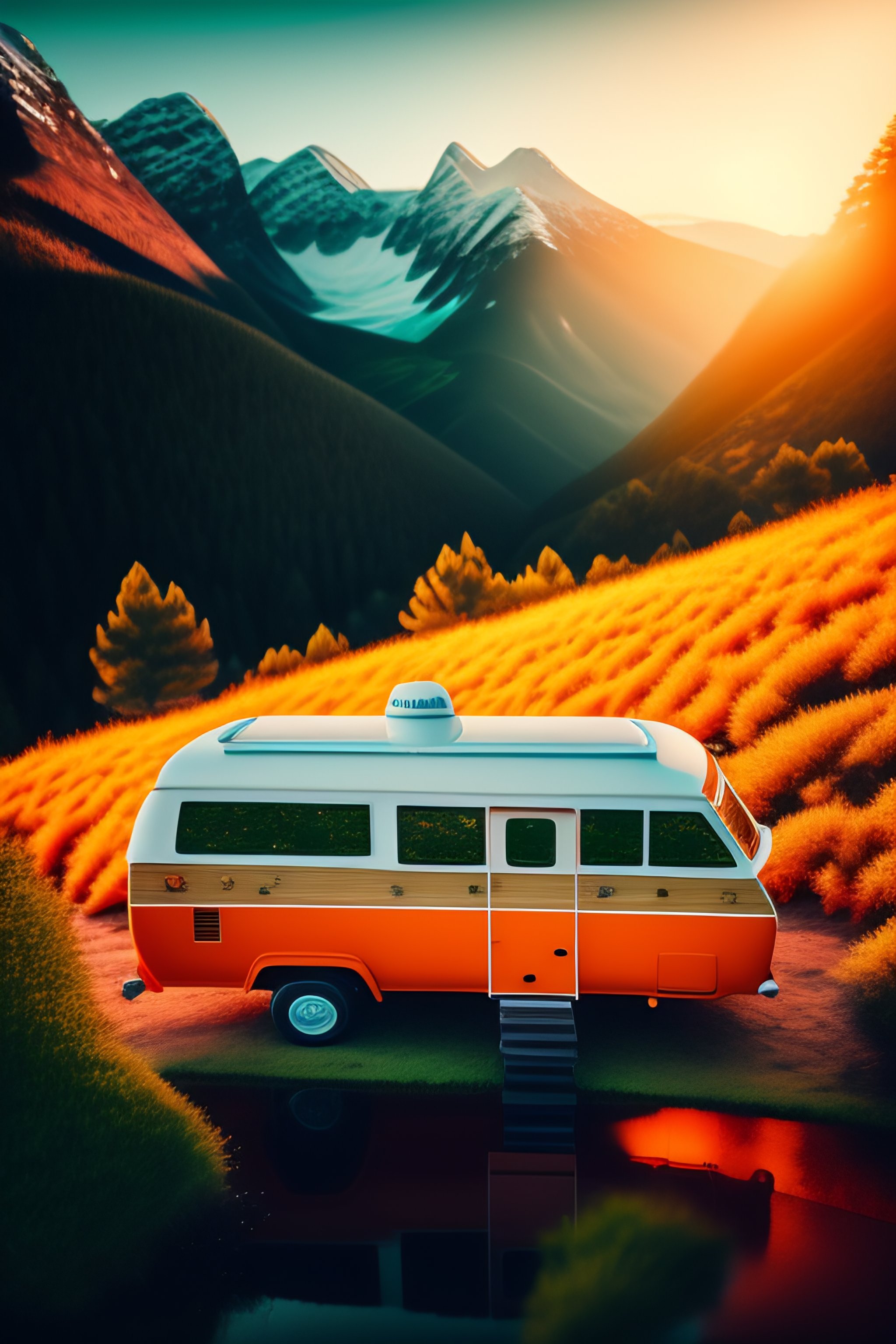 Lexica - Orange campervan on snowy mountains, green forest background ...