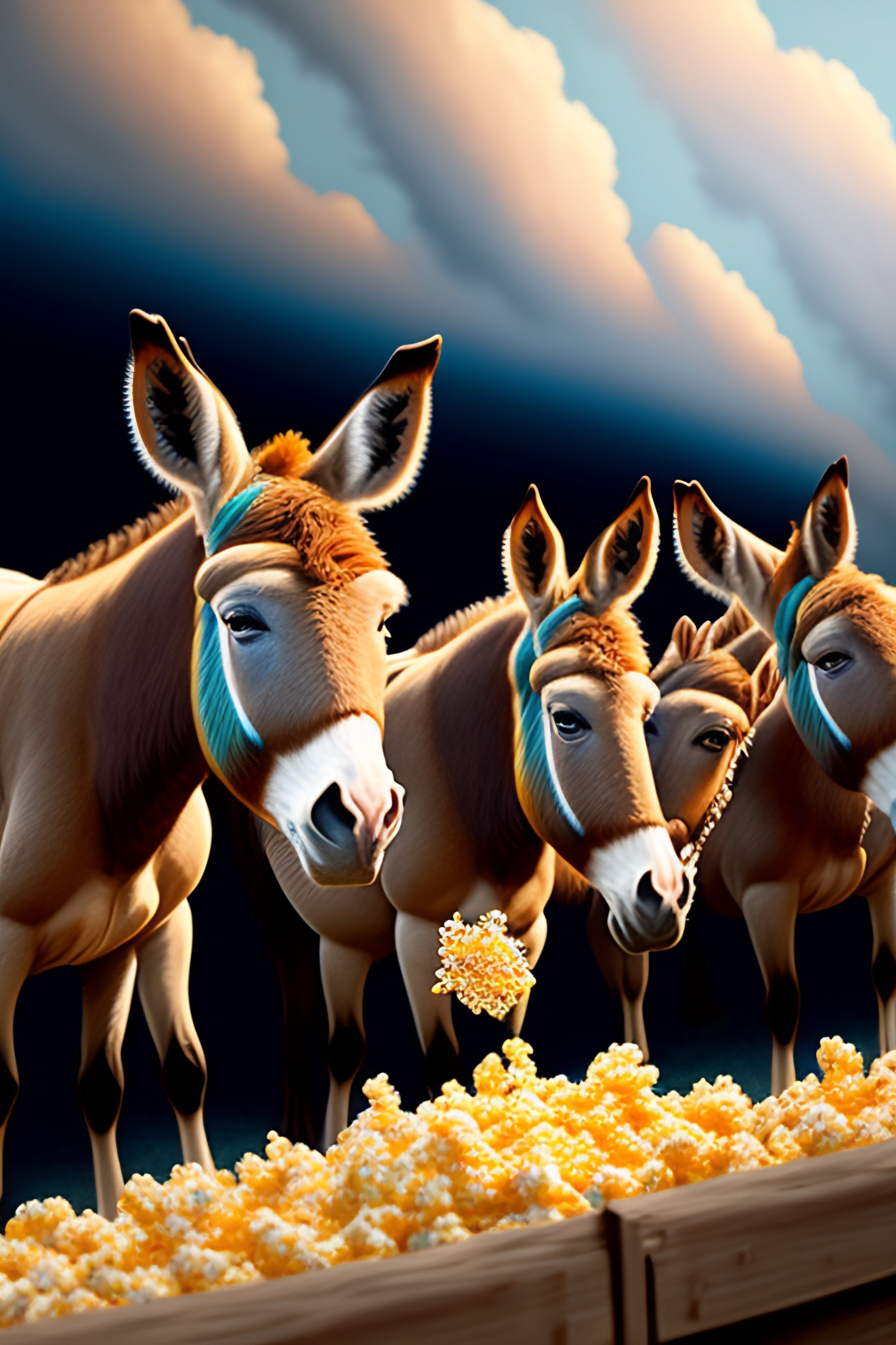 Lexica - A row of happy! donkeys!!! eating popcorn with fascination and ...