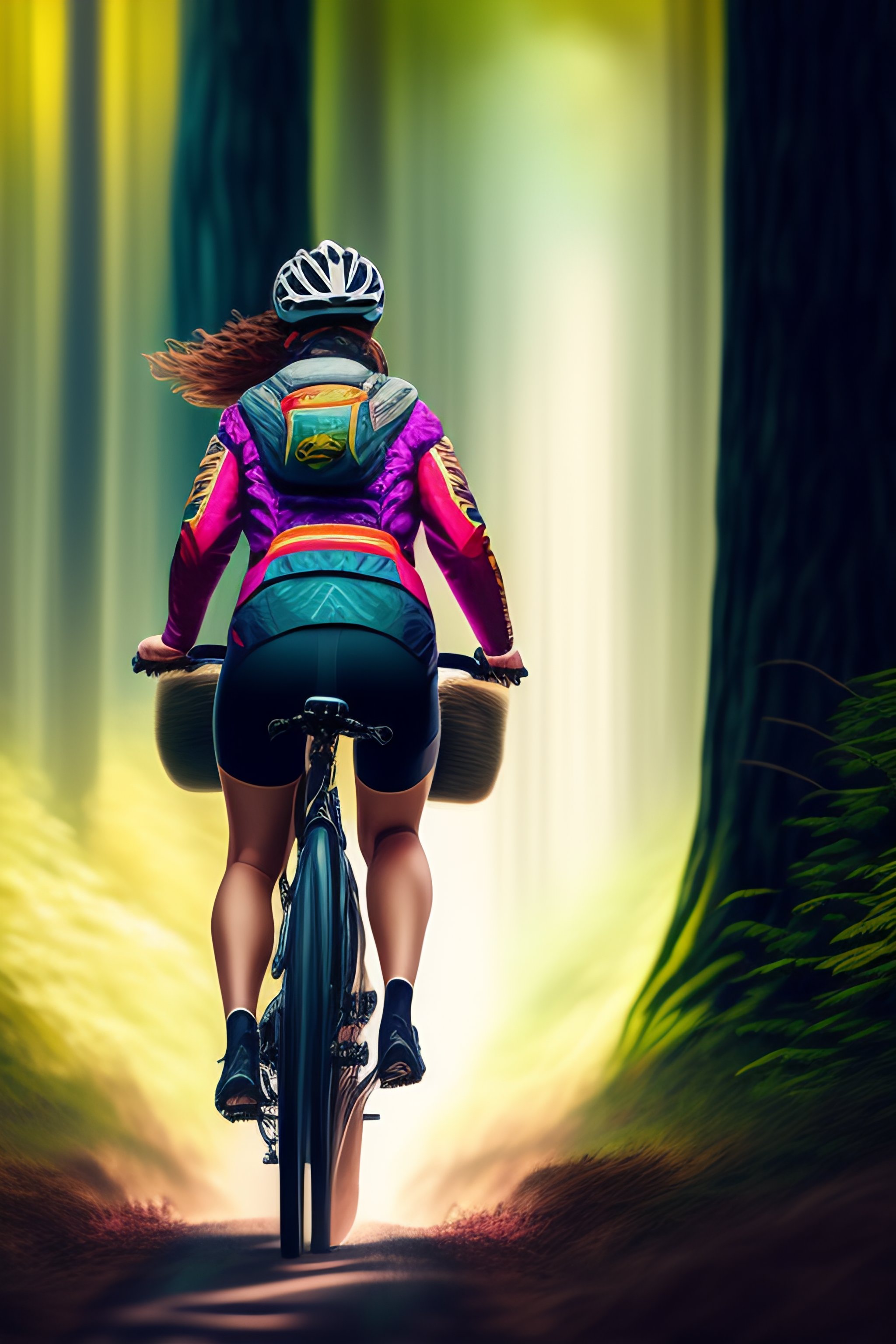 Lexica - Illustration of brown hair, white skin woman riding a bike in ...