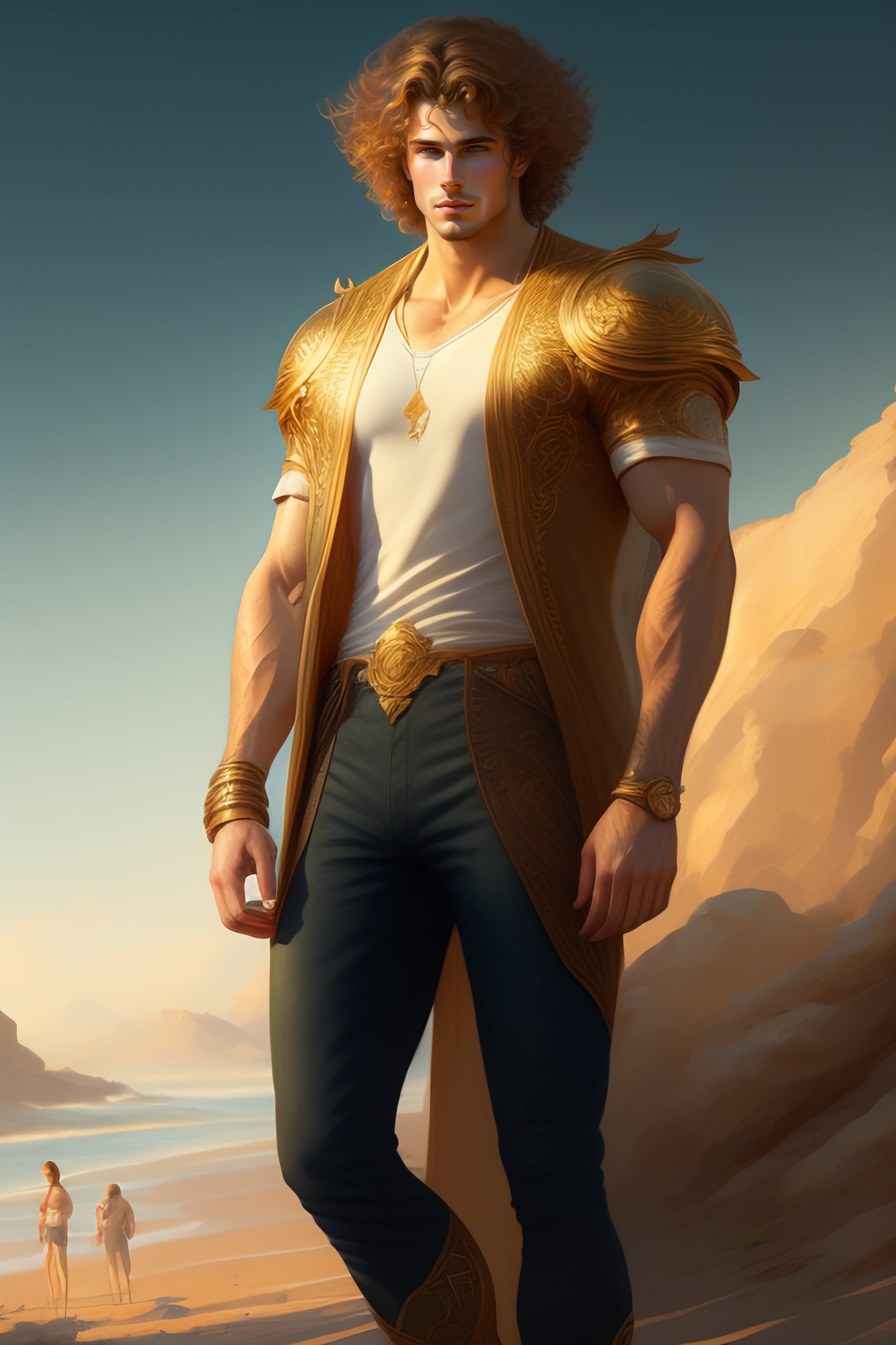 Lexica - Caucasian young man, sun demigod with golden curly hair ...