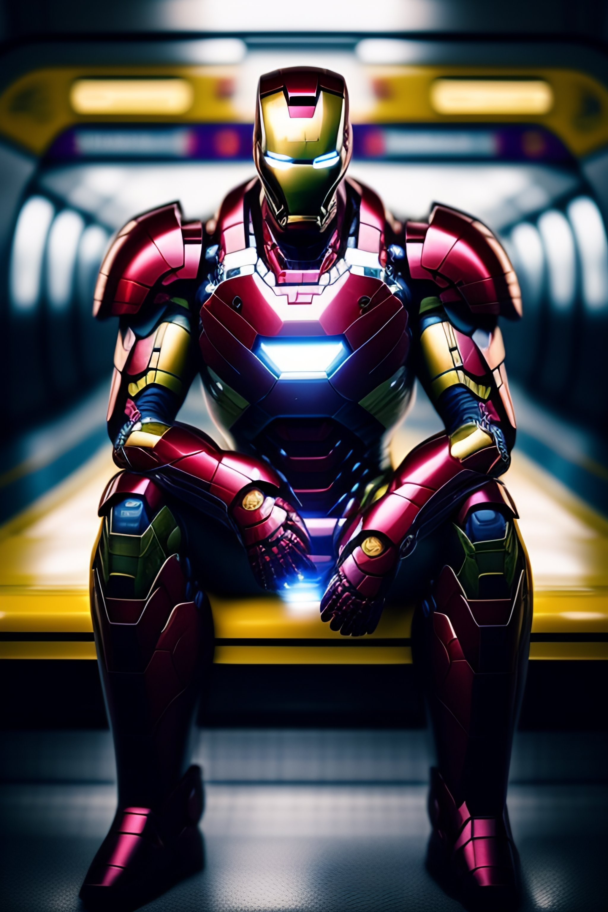 Lexica - Iron Man sitting in the London Underground, wide angle shot