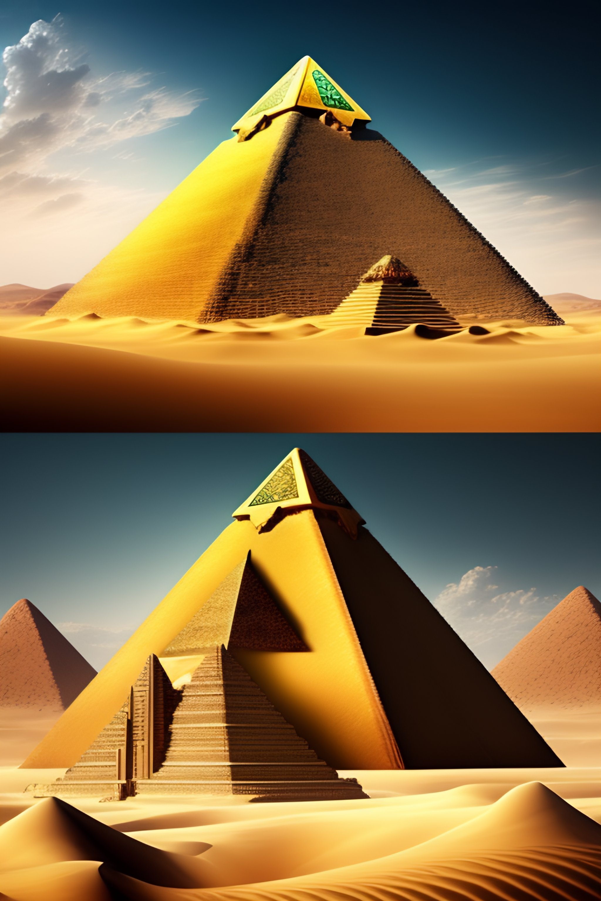 Lexica - Pyramids and a gold temple in a desert and immortal Gods