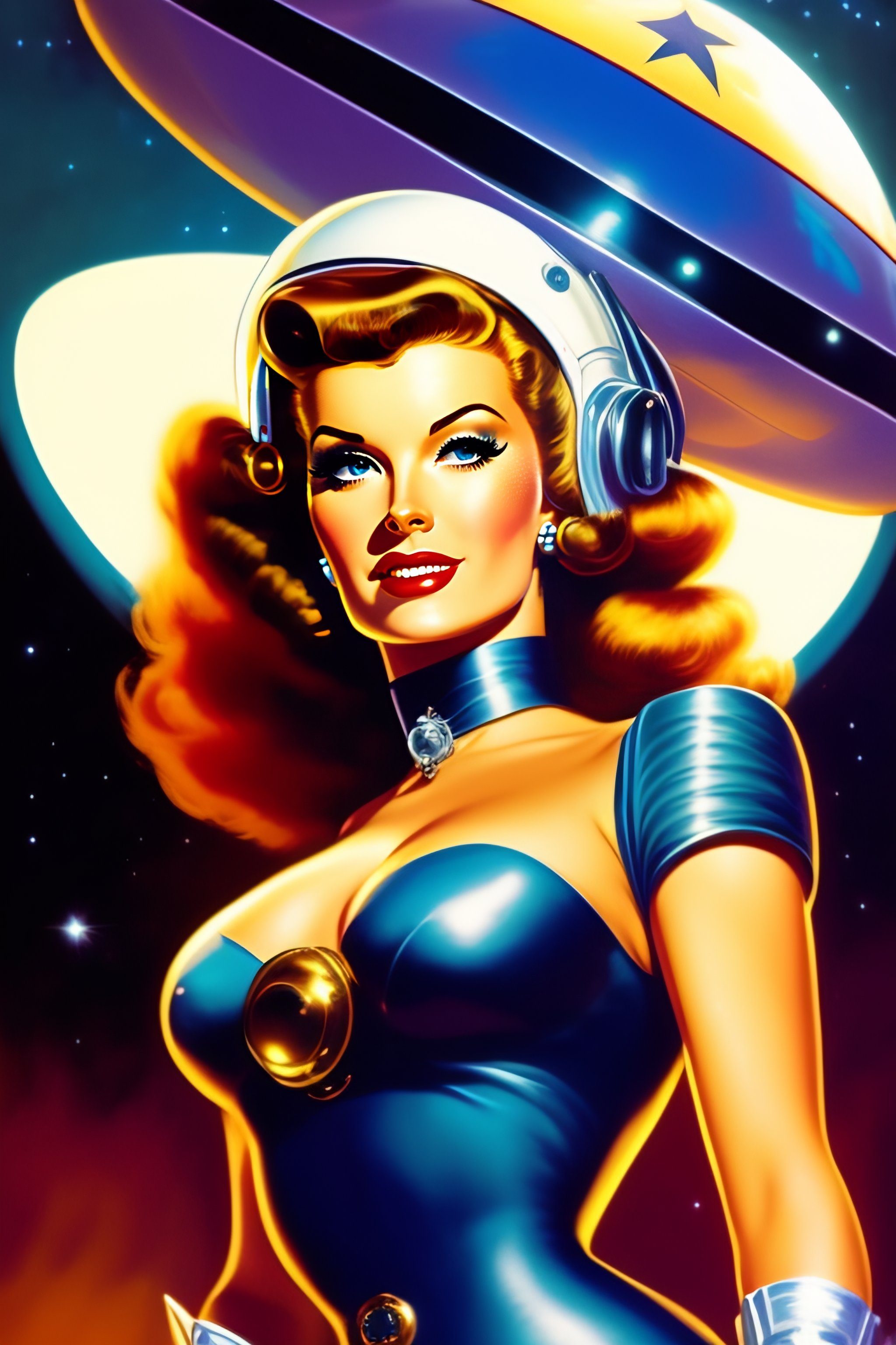 Lexica - Retro 1940s scifi woman dressed in space suit holding a ray gun action scene, style of ...