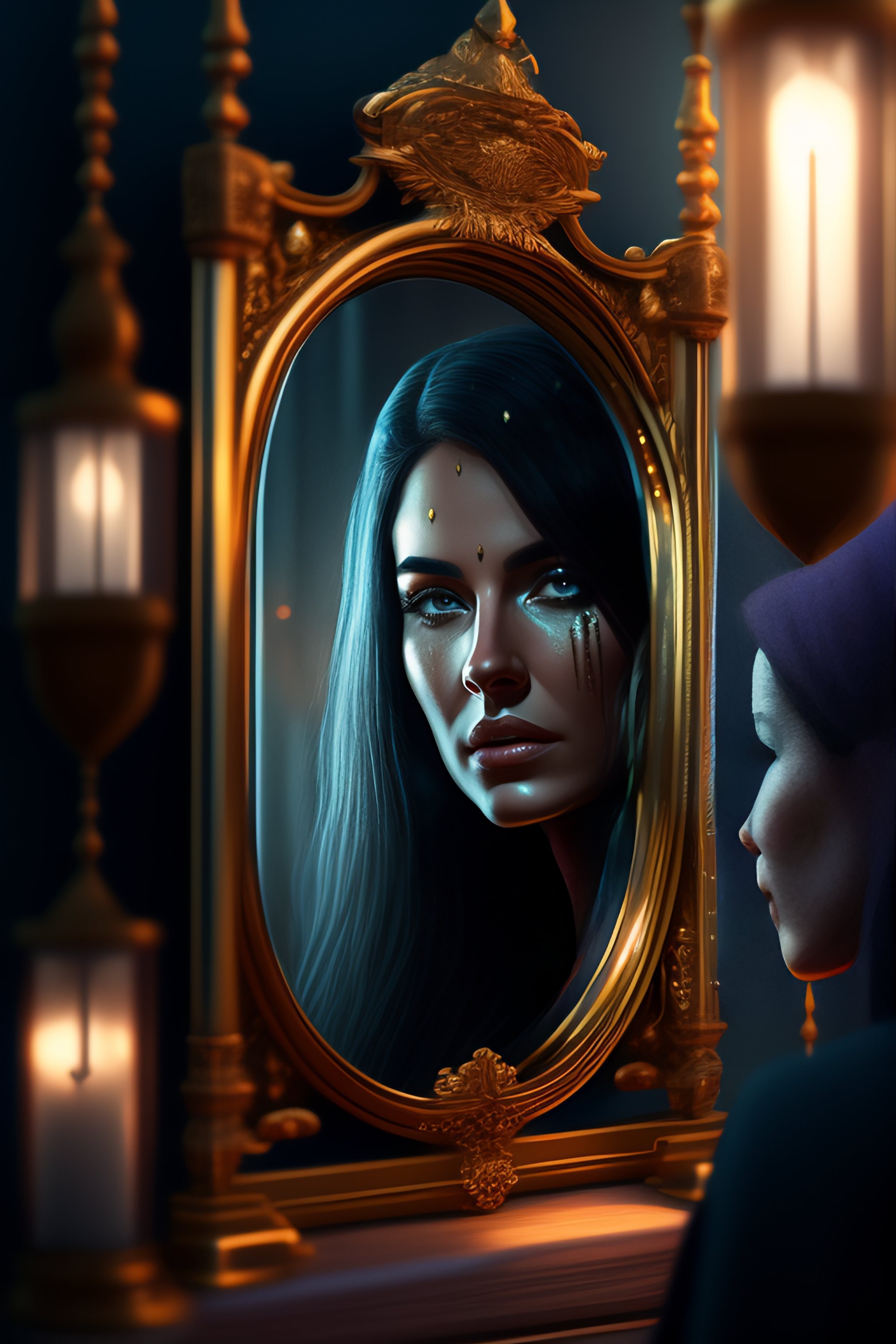 Lexica - A beautiful woman gazes into an ornate mirror and sees a ...