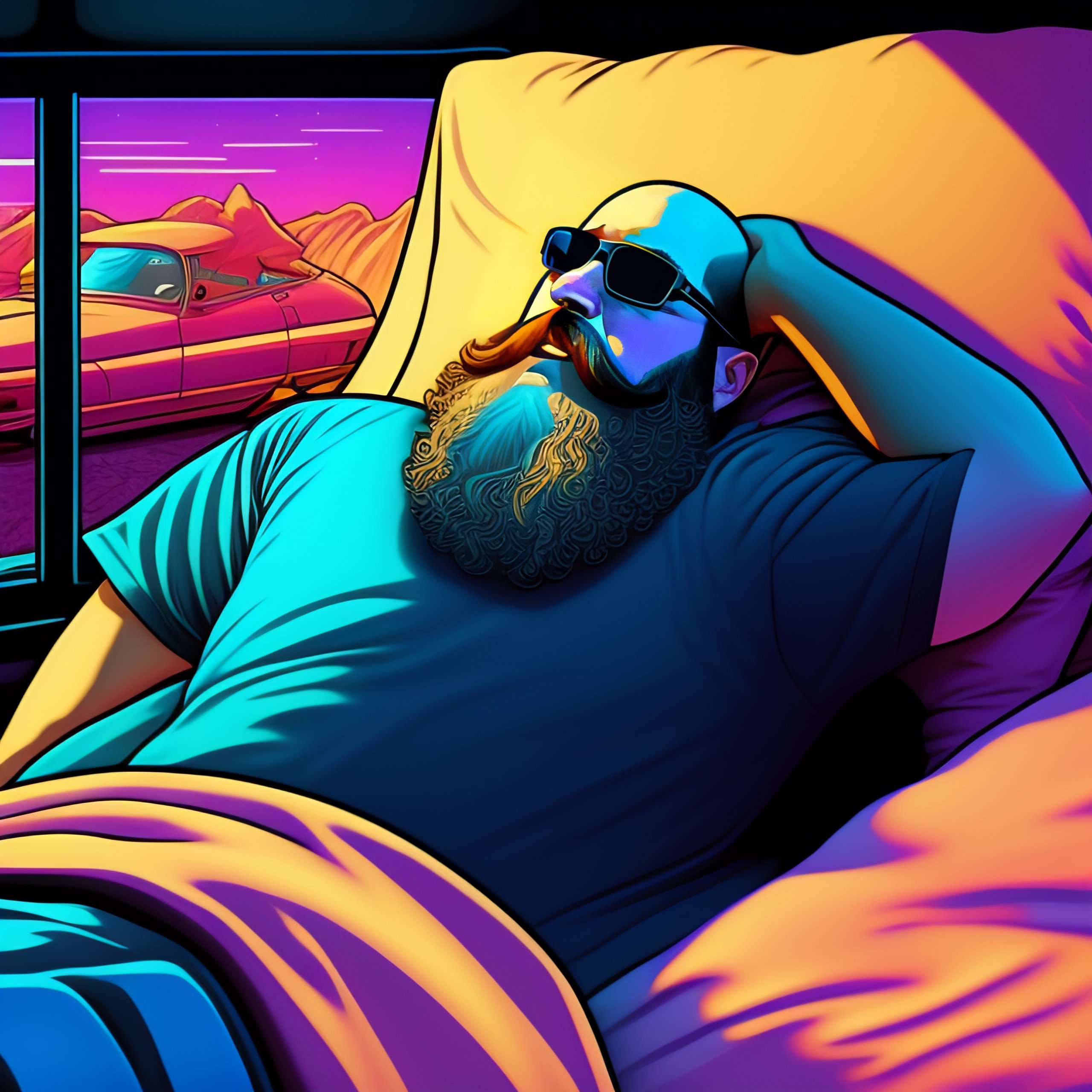 Lexica - A bearded, bald man sleeps in a bed in a large bedroom ...