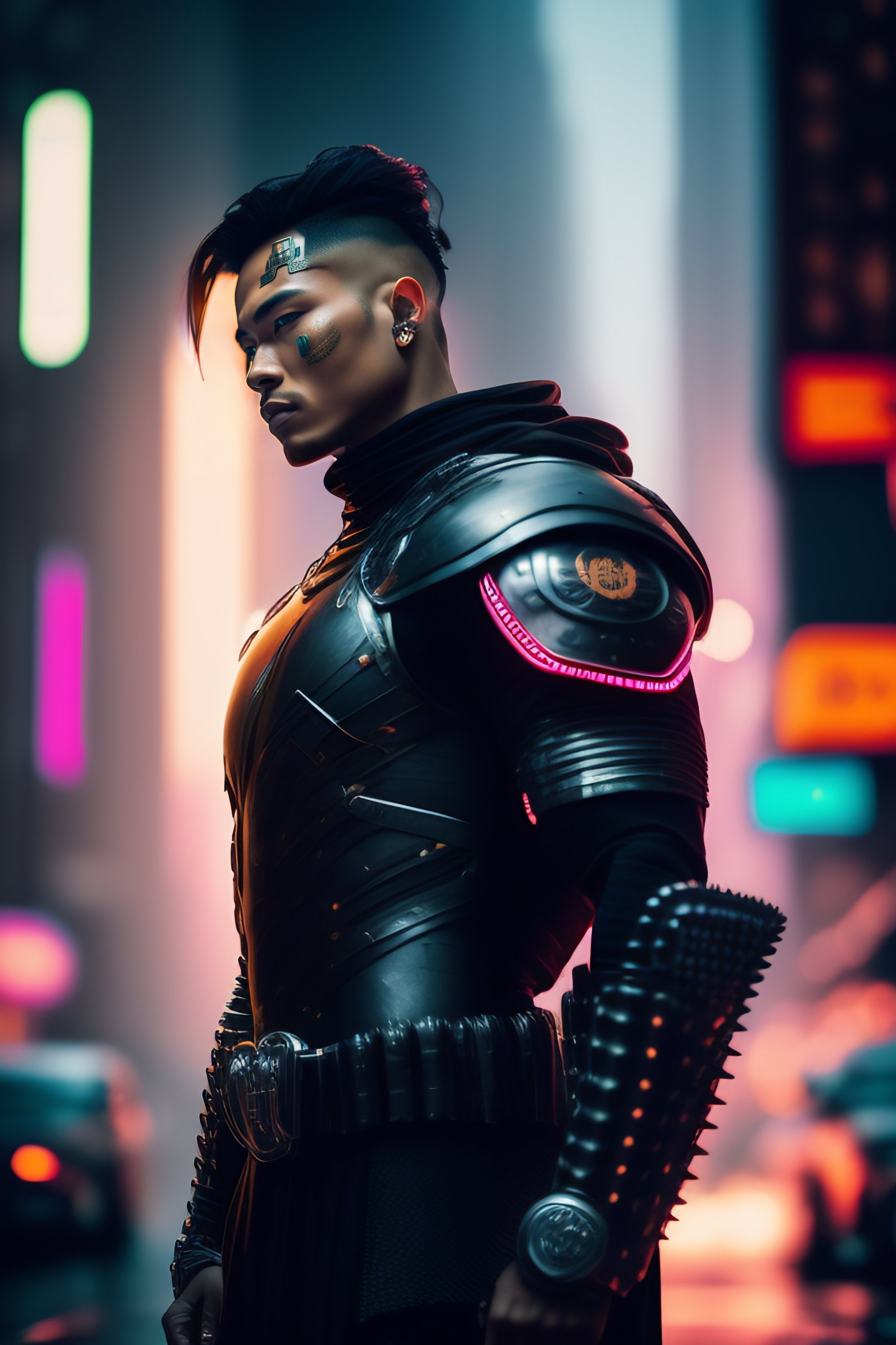 Lexica - Side body,male armour,cyberpunk city,layered intrusive thoughts