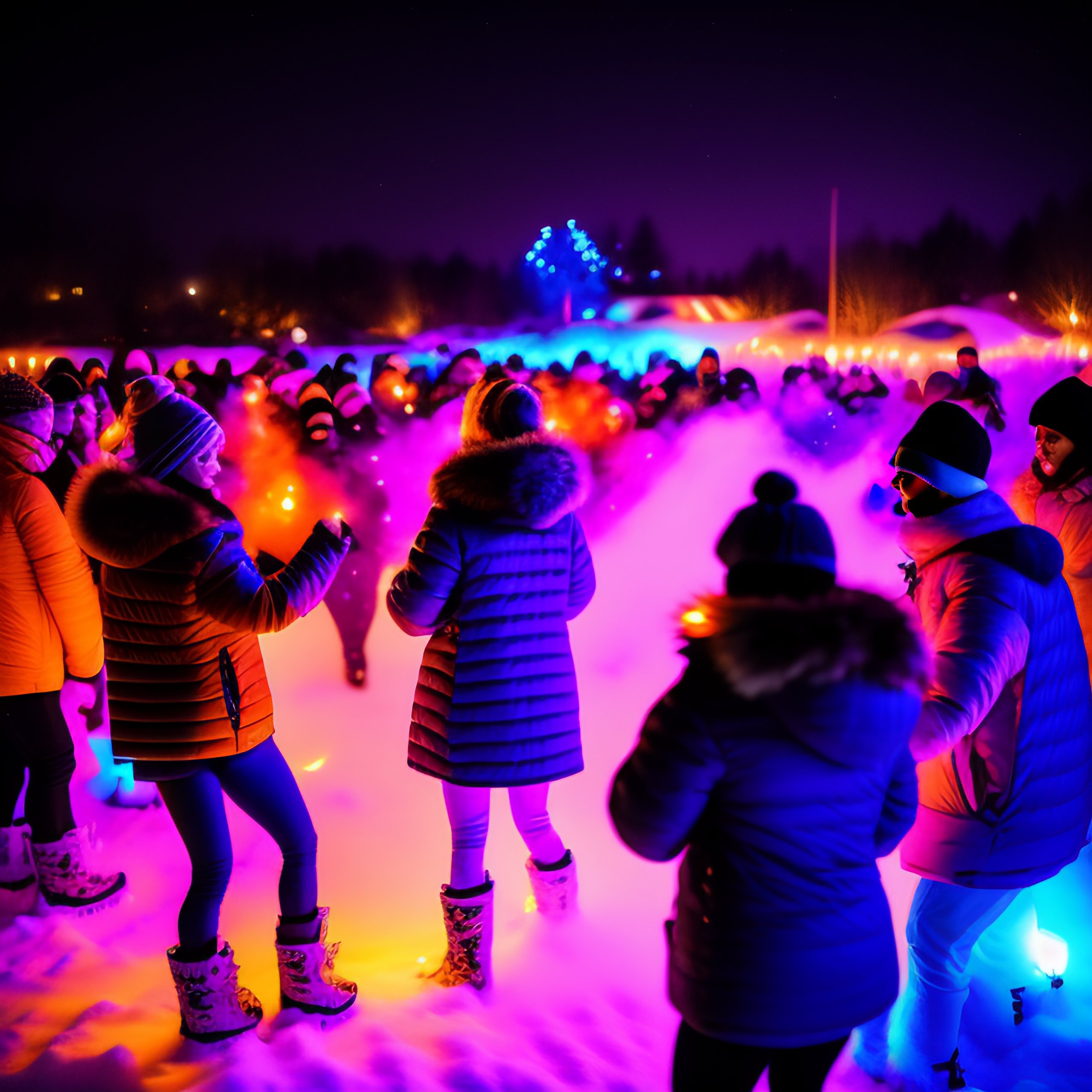 Lexica - Dance party in the snow with colored lights and a DJ people ...